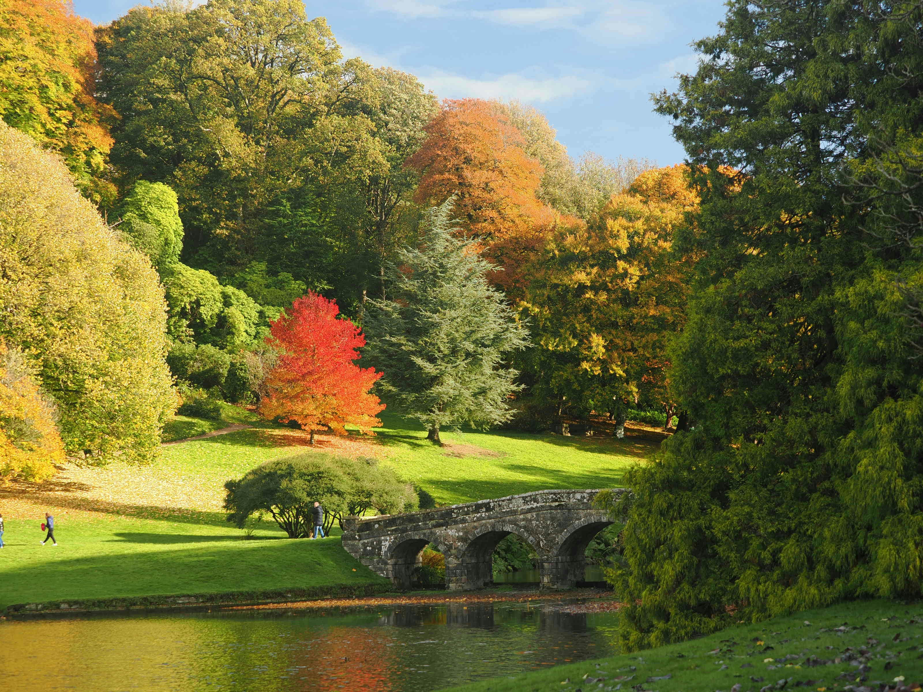 Autumn park with a stone bridge over water