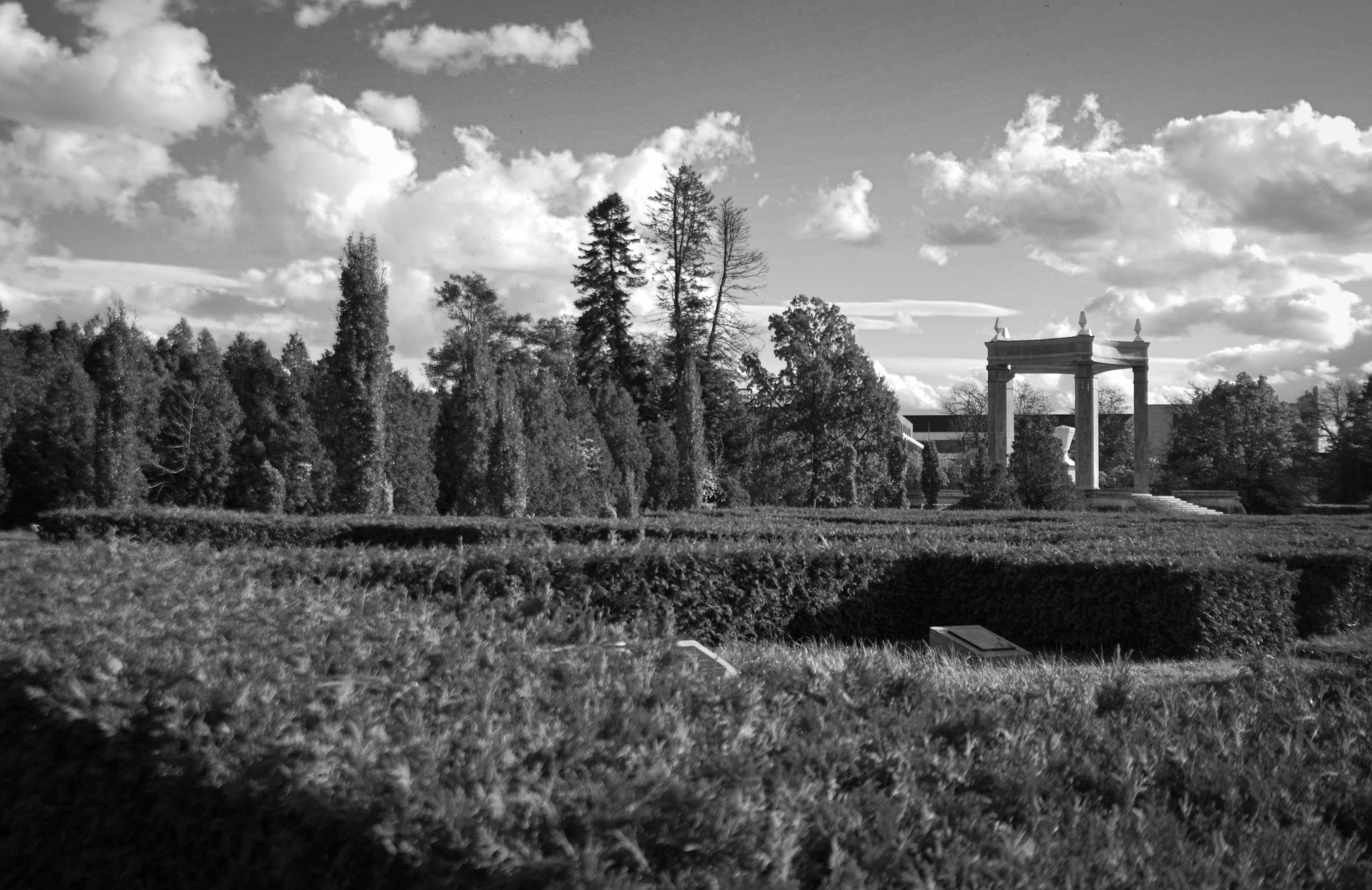 Lush hedges frame a serene garden scene, featuring a grand archway and towering trees under a dramatic sky.