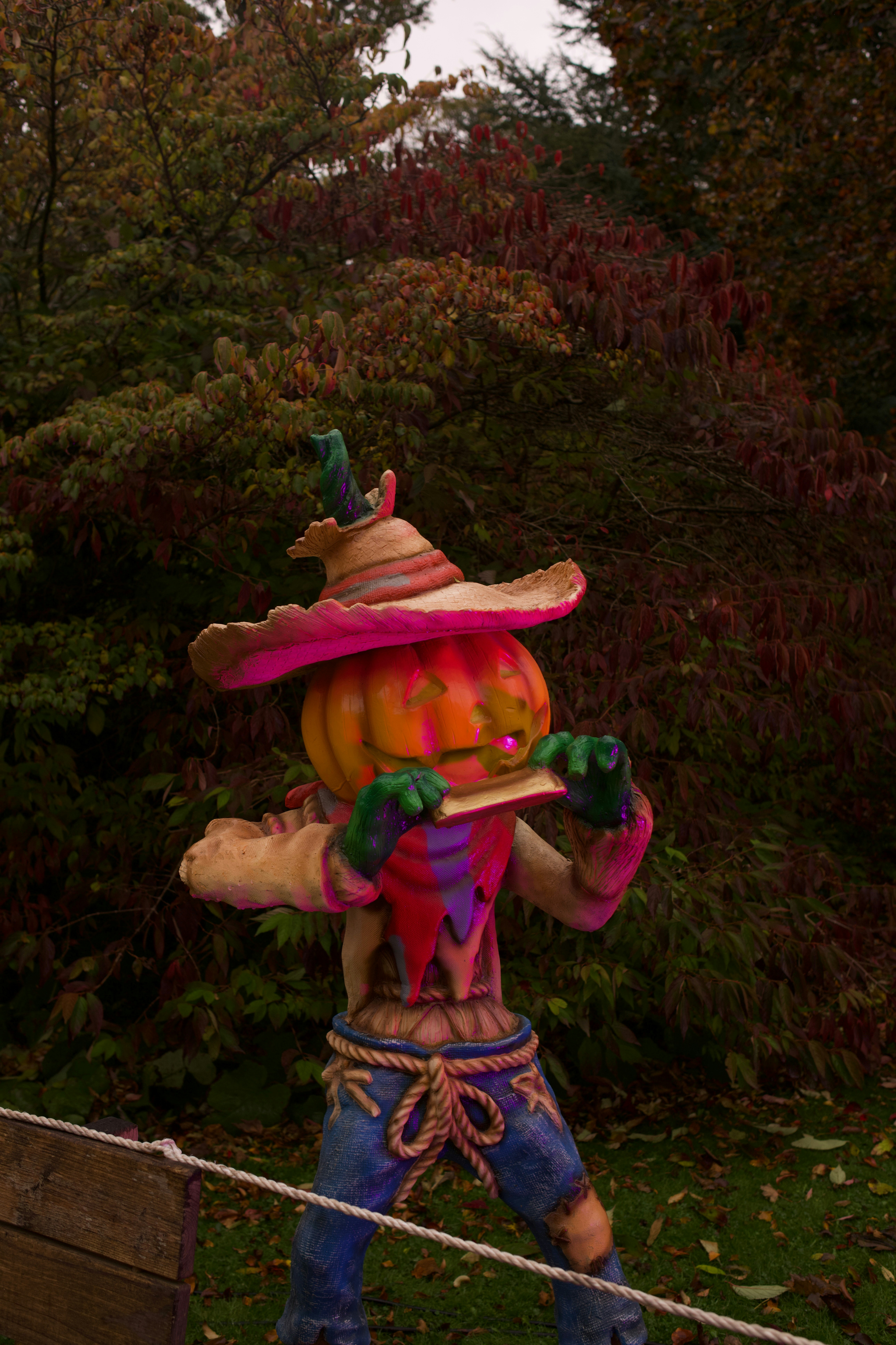 A colorful pumpkin scarecrow playing a flute amidst vibrant autumn foliage, showcasing the spirit of harvest celebrations.