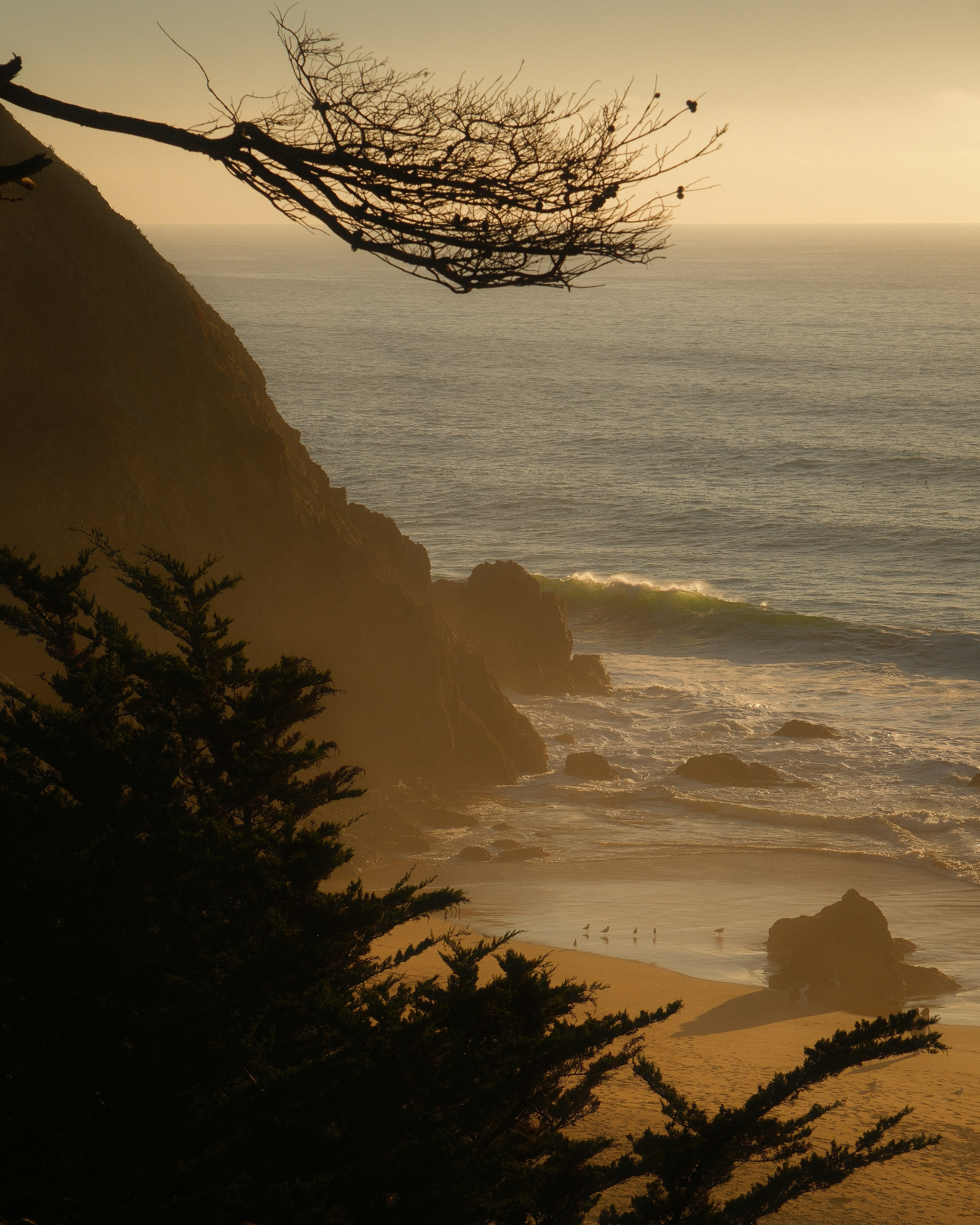Golden light spills over a rocky shoreline, illuminating gentle waves and silhouetted figures along the beach. The scene captures the serene beauty of nature at dawn.