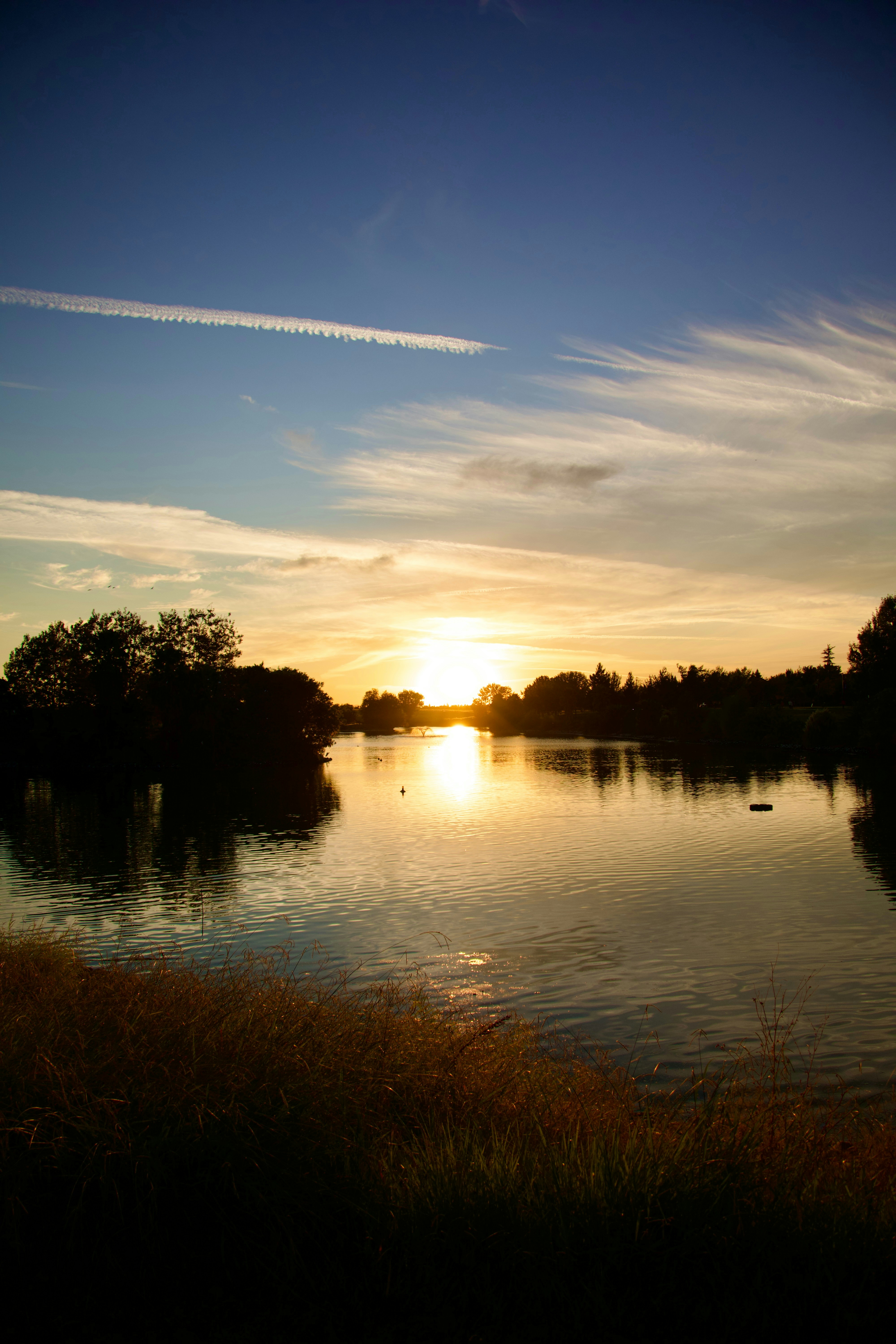 Sunset over a tranquil lake with silhouetted trees.