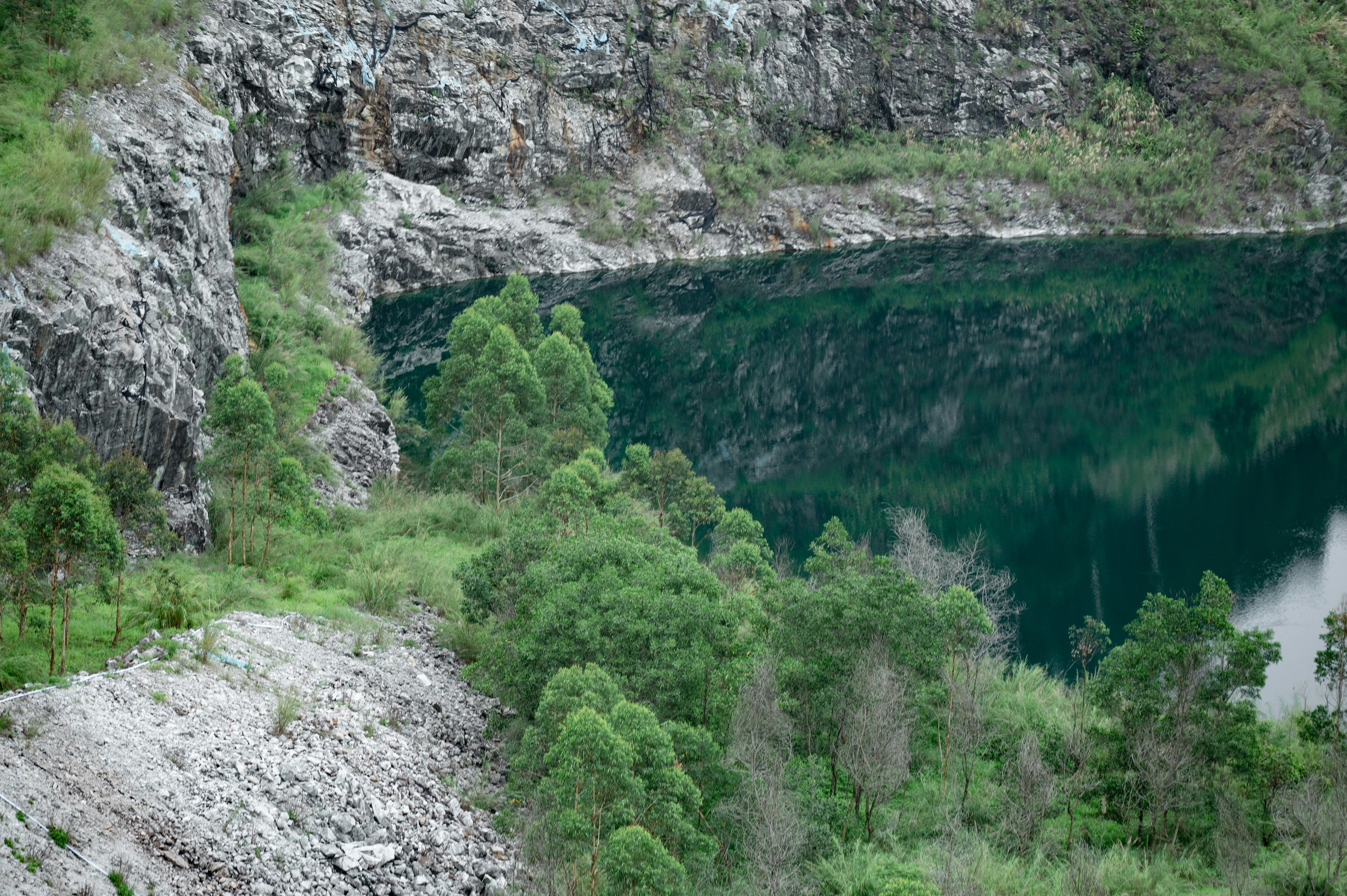 Green trees surround a dark quarry lake photo – Free Forest Image on ...