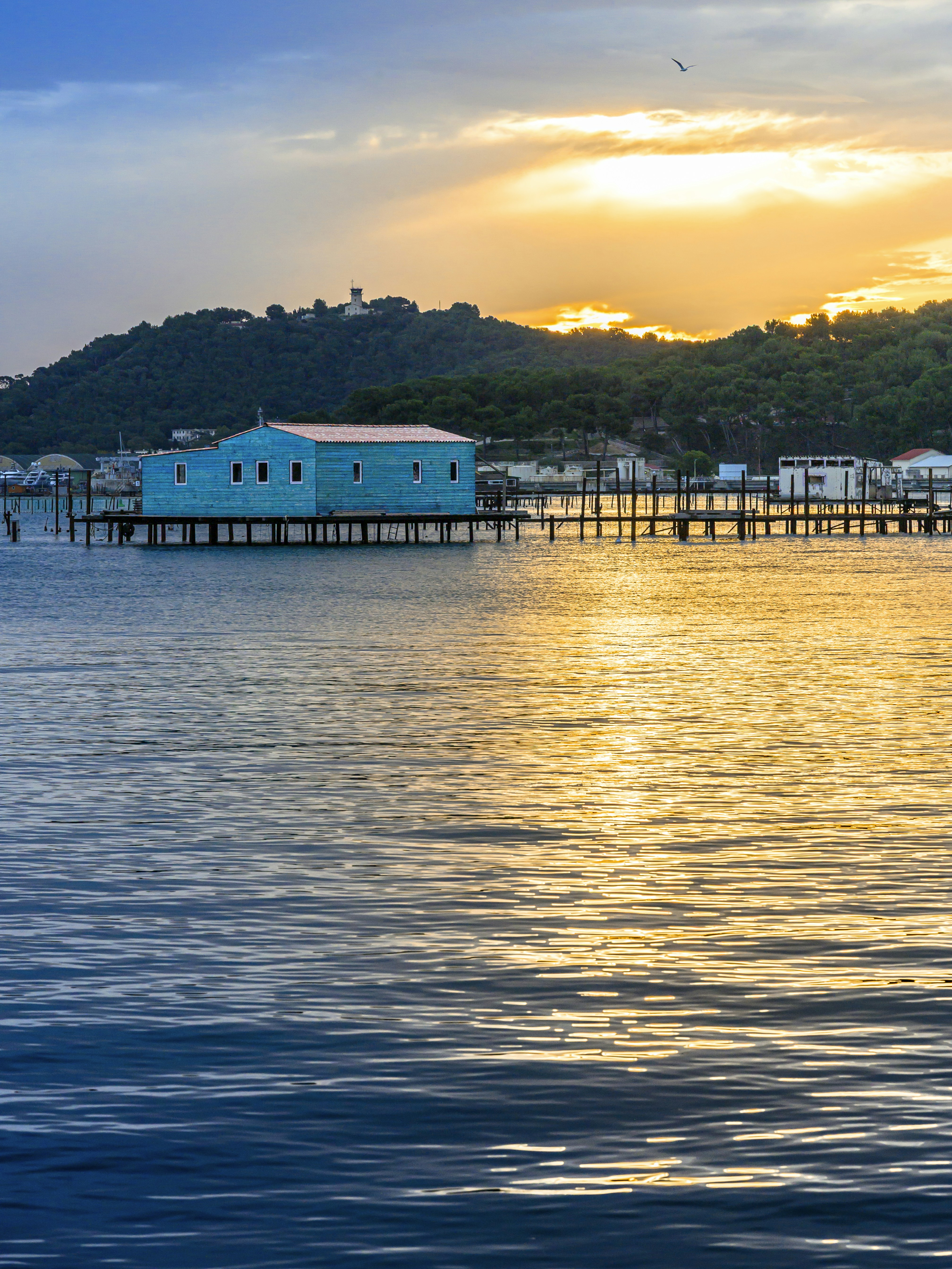 Blue Haven on Stilts at Sunset: Quiet Harbor with a Blue Cabin