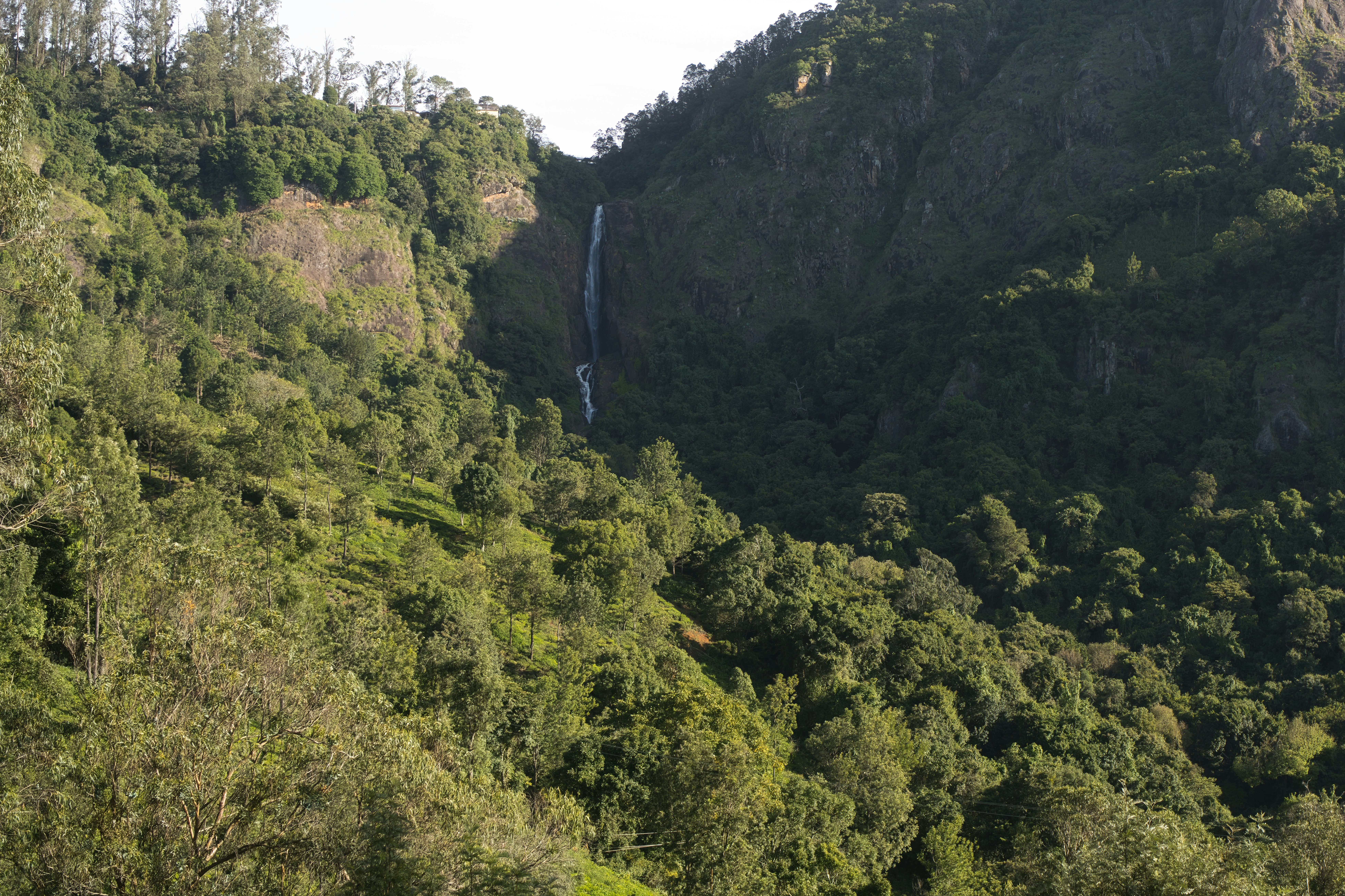 A tall waterfall cascades down a lush green mountainside.