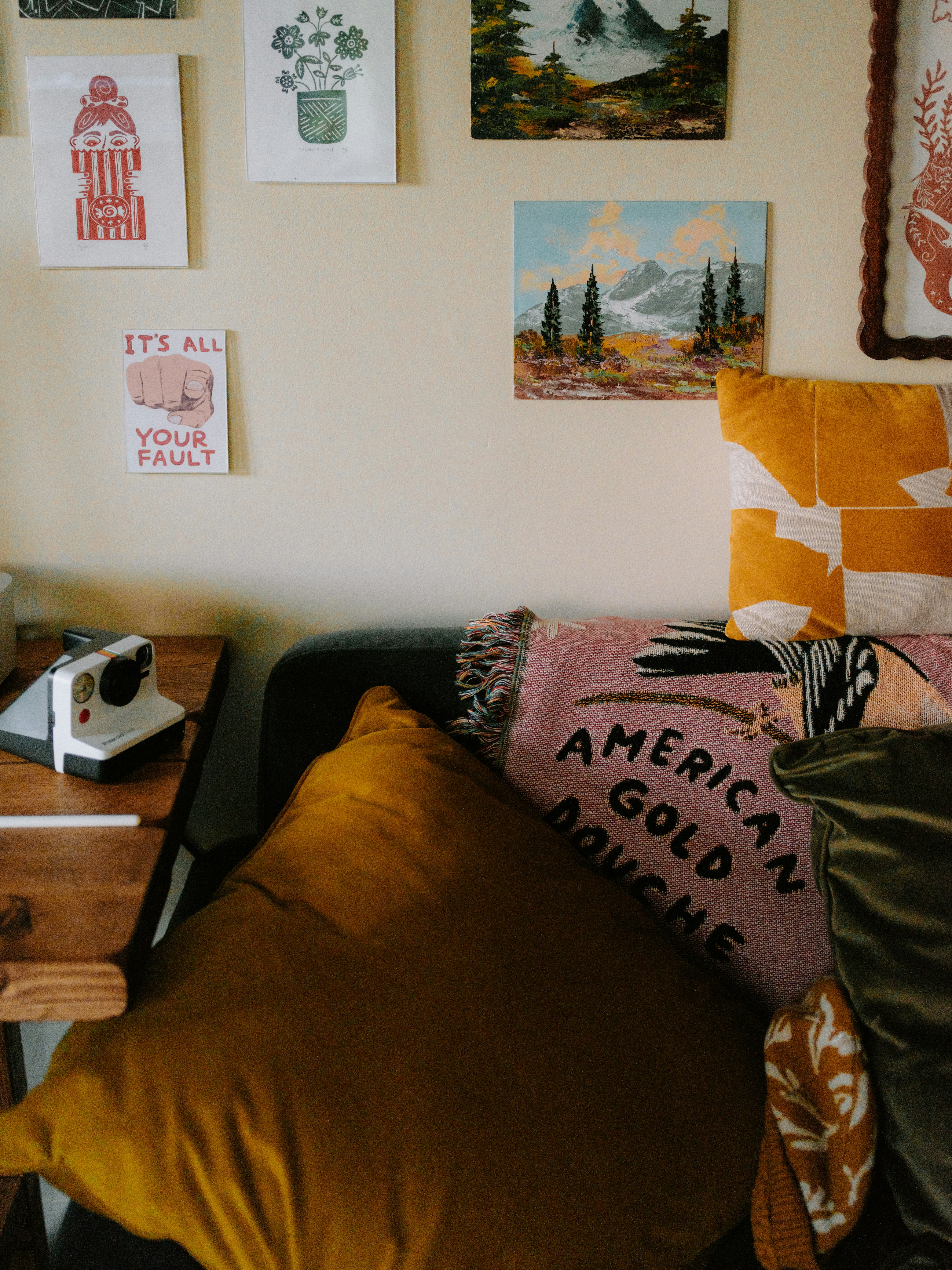 Sunlit Corner with Cozy Textures and Wall Art