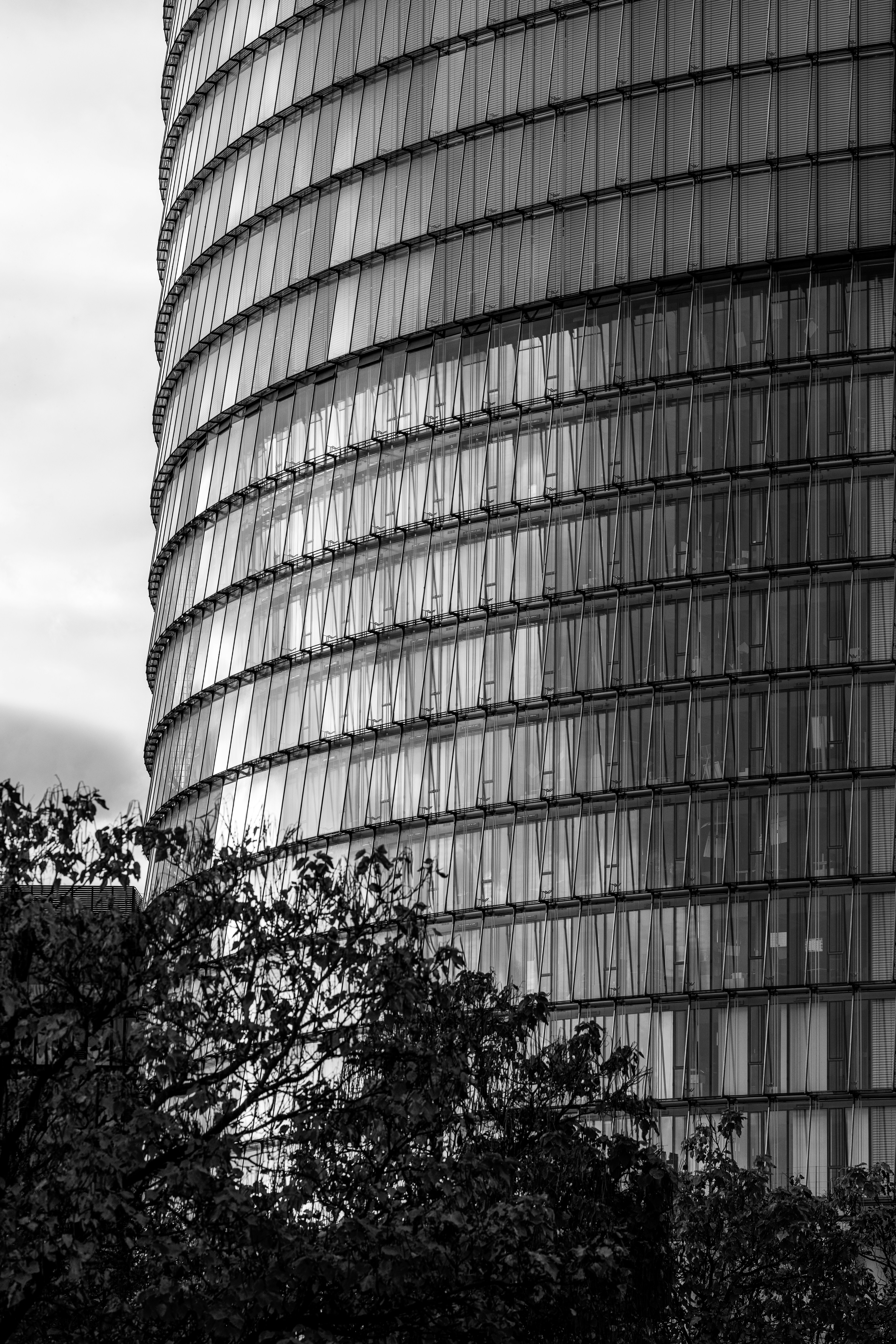 A modern architectural structure with a curved glass facade, partially obscured by lush greenery. The interplay of reflections and shadows creates a dynamic visual effect.