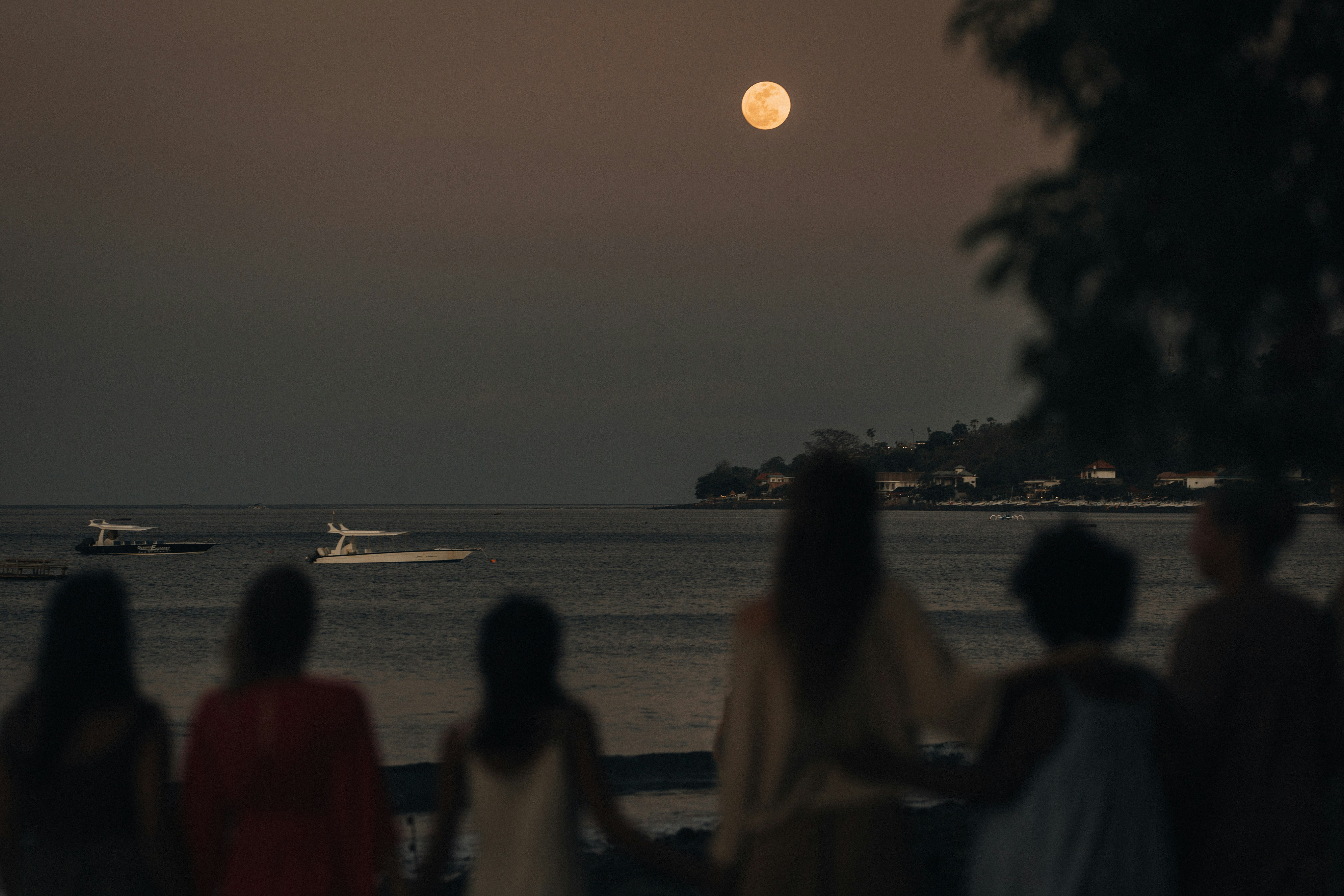 People watch the full moon over the ocean at dusk.