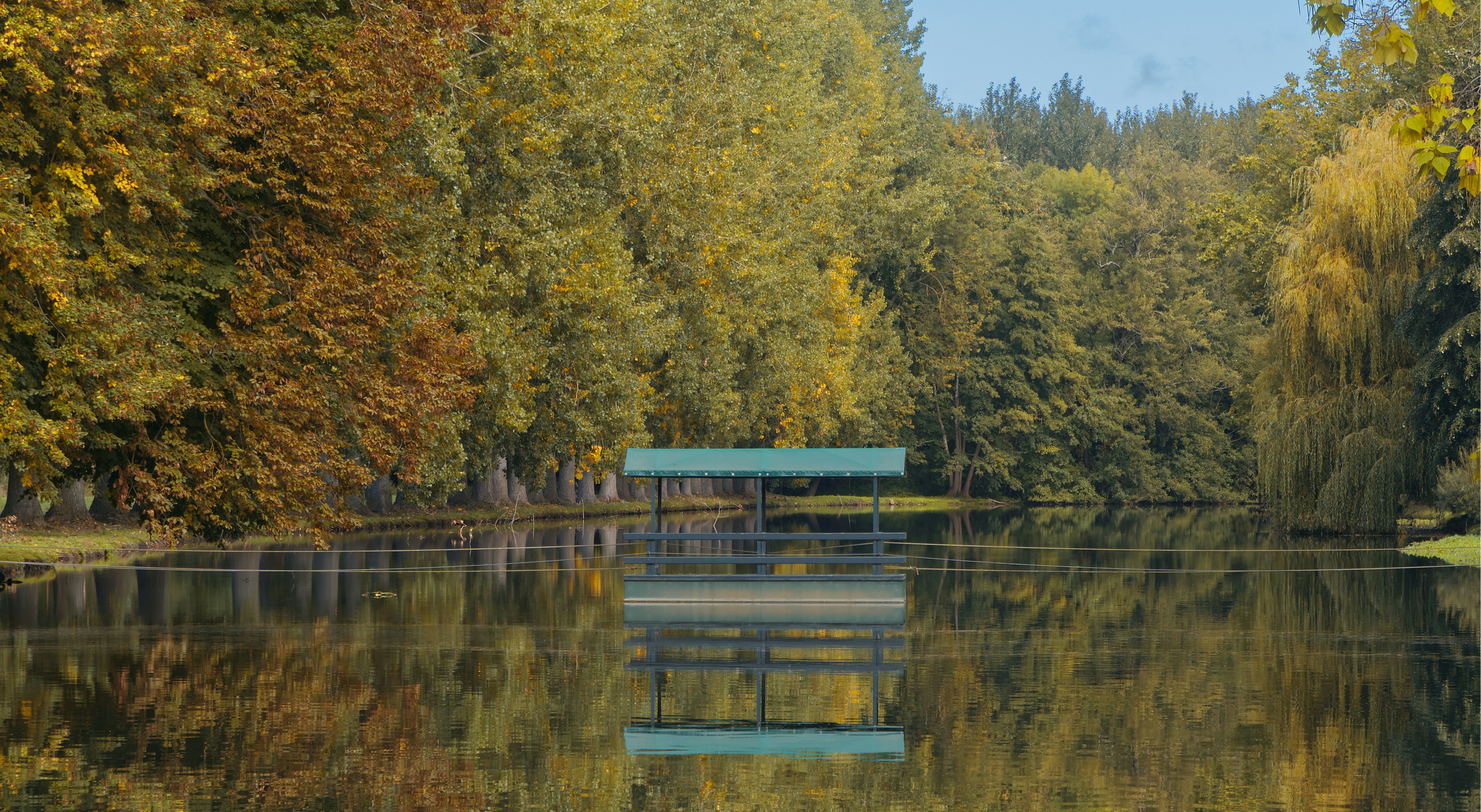 Dans le parc du Château d’Anet, je découvre cette installation qui permet de traverser le canal du parc pour rejoindre l’île d’Eau. Le canal du parc du château d’Anet a été réalisé au XVIIe siècle, sous l’impulsion de César de Bourbon, duc de Vendôme, qui hérita du domaine en 1615. Ce dernier confia à André Le Nôtre, le célèbre jardinier de Louis XIV, le réaménagement complet du parc. Le Nôtre y créa un grand canal de 3 kilomètres de long, alimenté par les eaux de la rivière Eure, qui traverse le parc et structure l’ensemble paysager. Ce canal servait à la fois de pièce d’eau ornementale, de miroir pour le château, et permettait aussi d’alimenter les fontaines et bassins du domaine. Il était également utilisé pour des activités pratiques, comme l’élevage de carpes, et était divisé en plusieurs compartiments par des murs de nénuphars. | Autumn trees reflected in a calm lake.