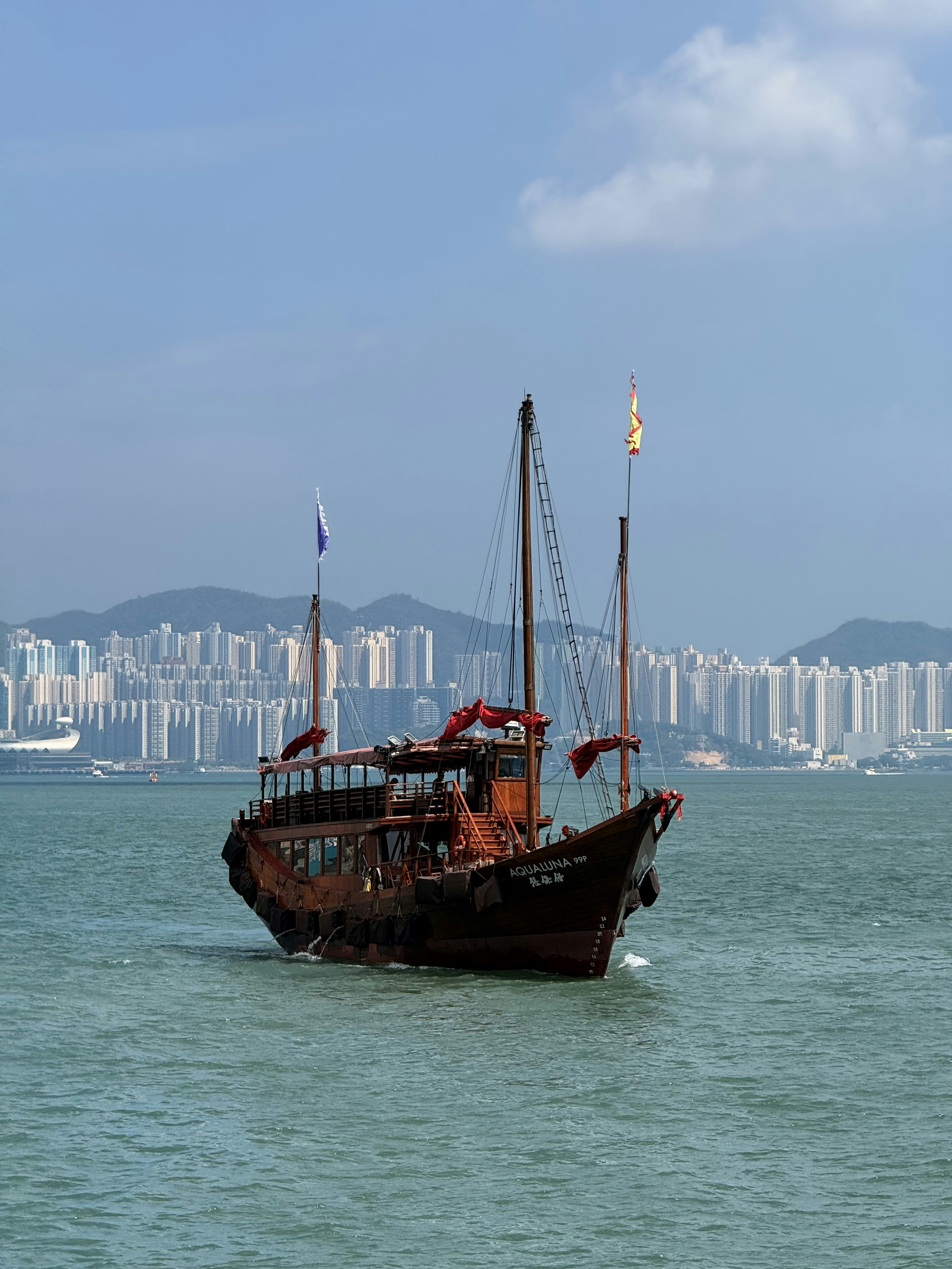 Wooden Schooner Against a Backdrop of Distant Skyscrapers