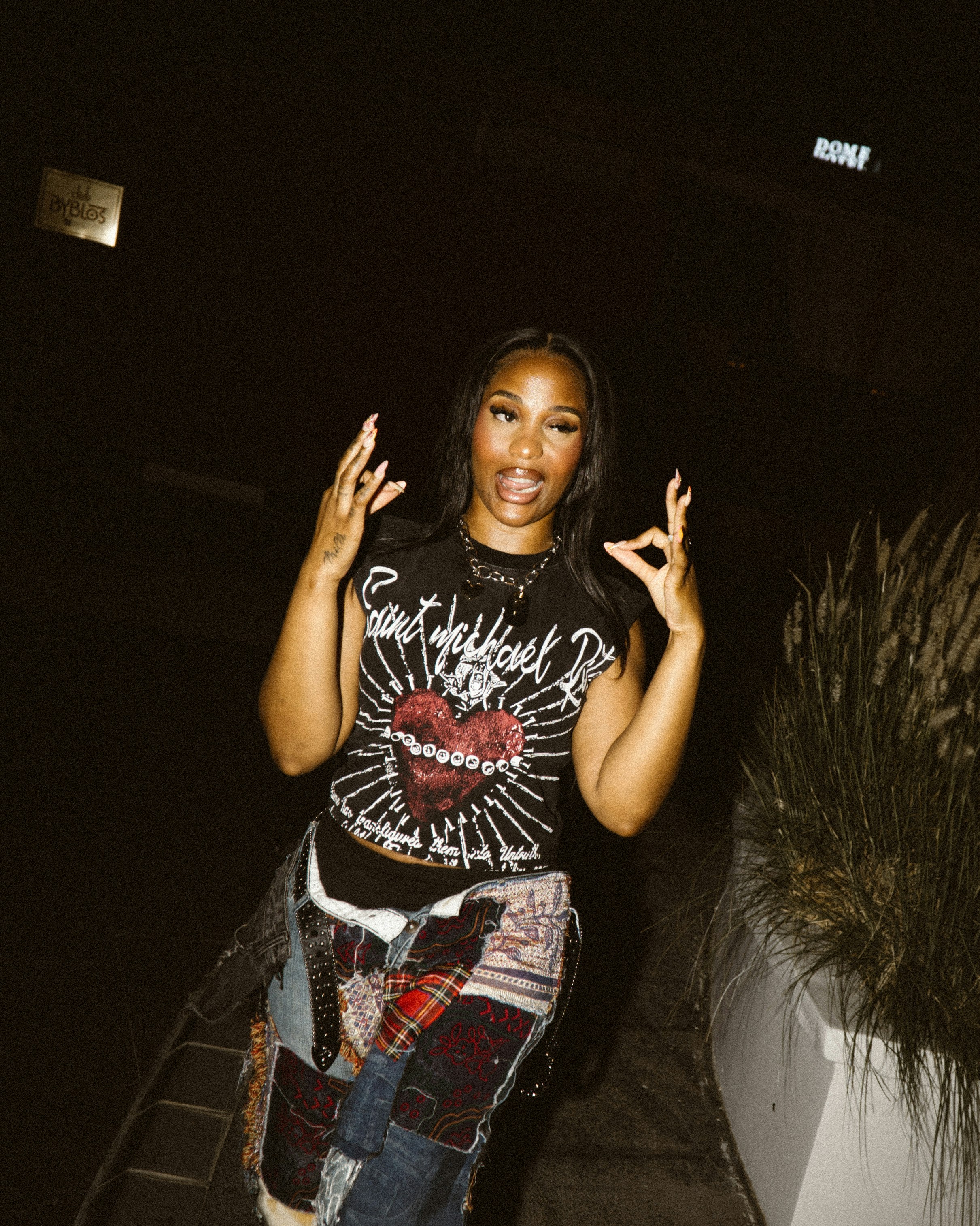Midnight Street Spark: Patchwork Belt and Graphic Heart Portrait