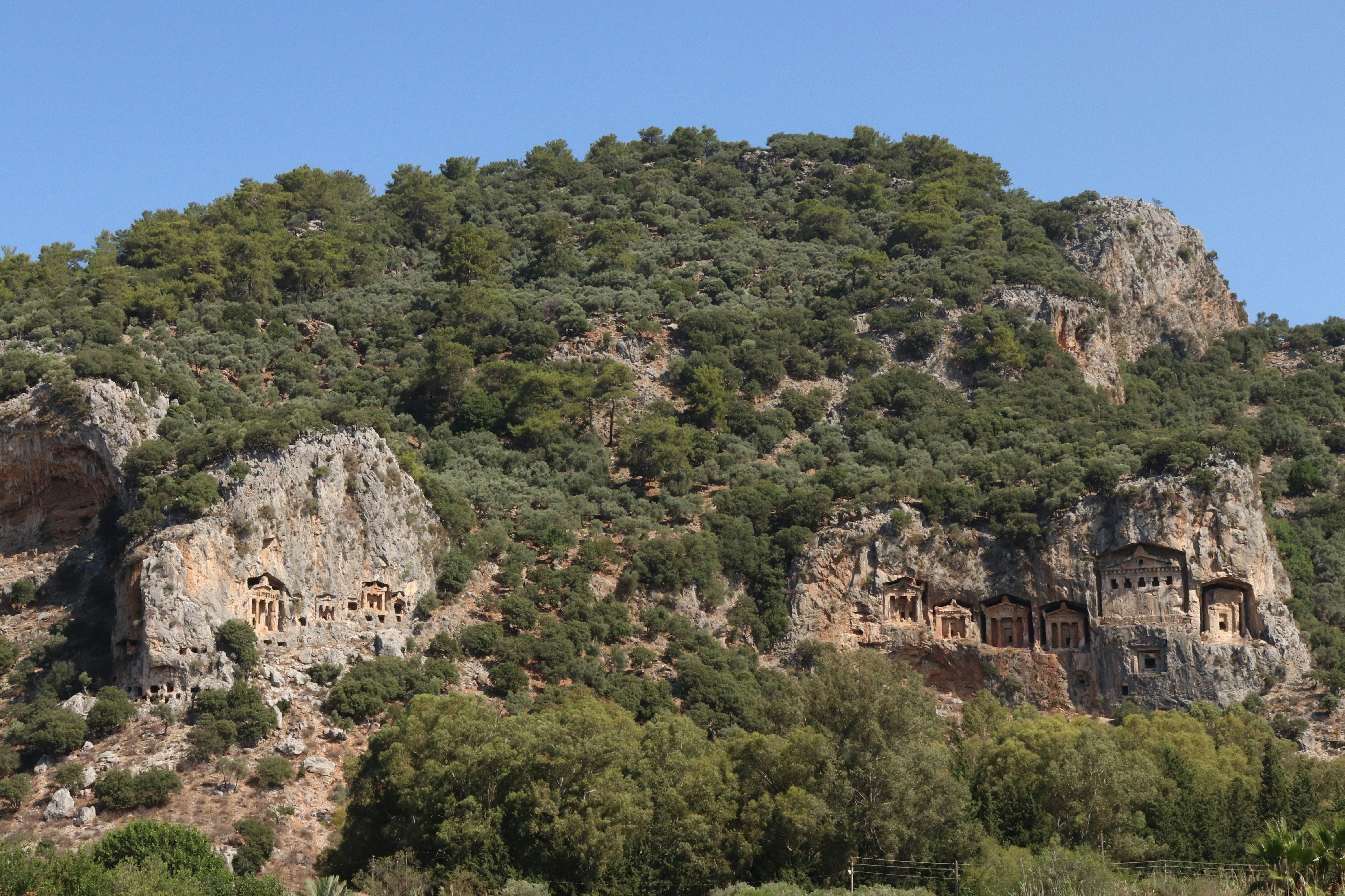 Ancient tombs carved into a rocky hillside covered in trees.