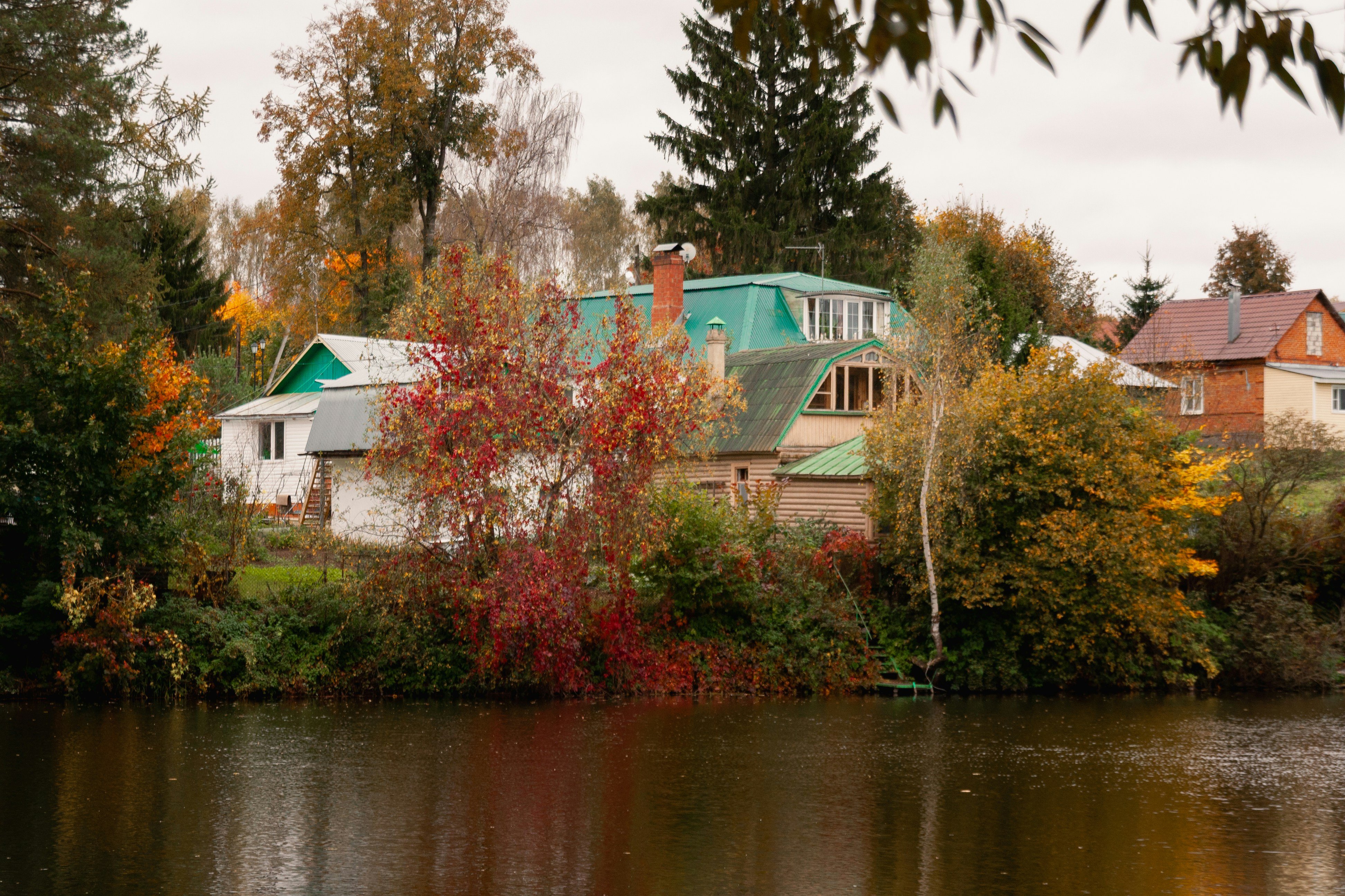 Houses nestled amongst colorful autumn trees by water