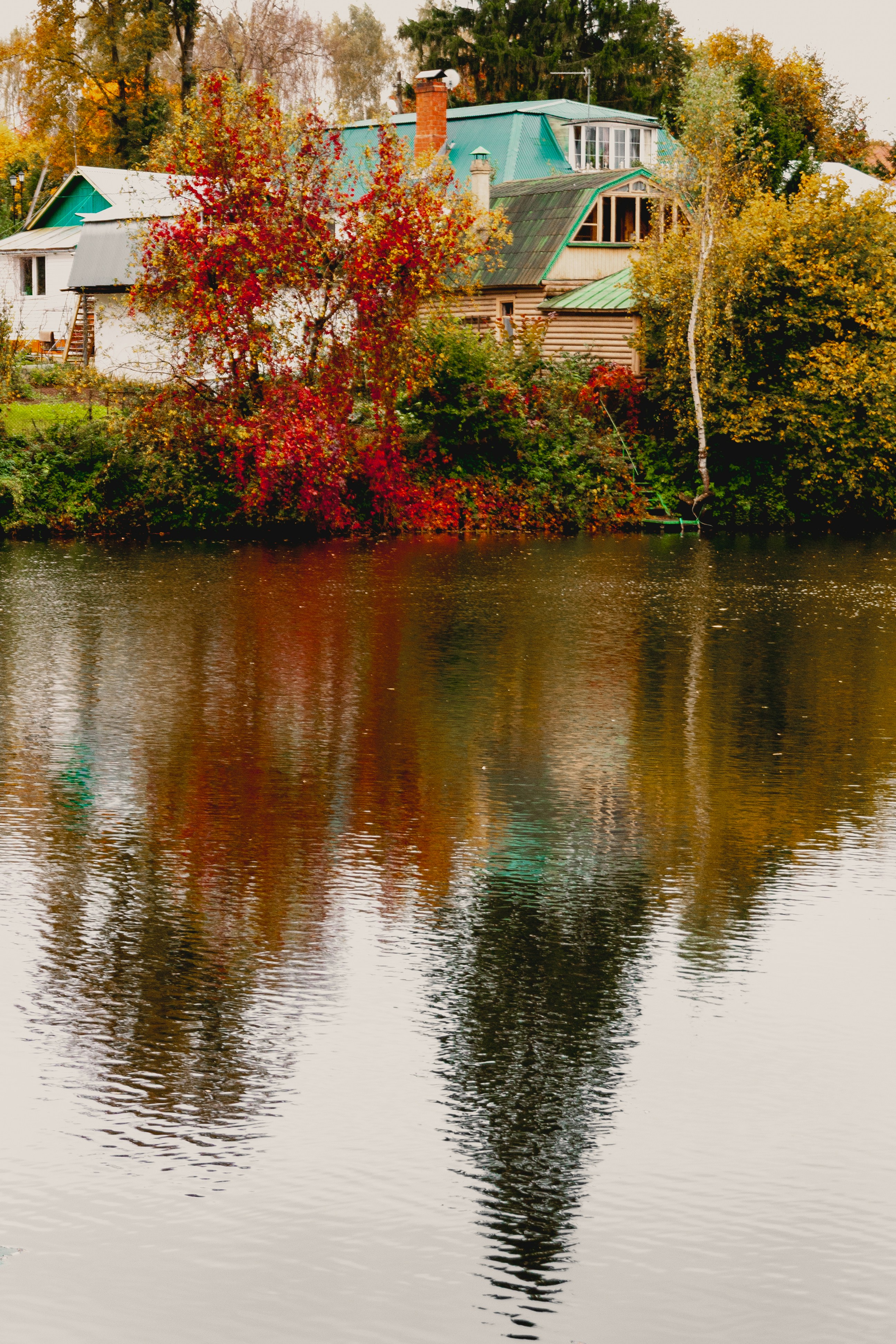 Vibrant autumn foliage mirrored in a tranquil river, showcasing a harmonious blend of colors and nature's beauty.