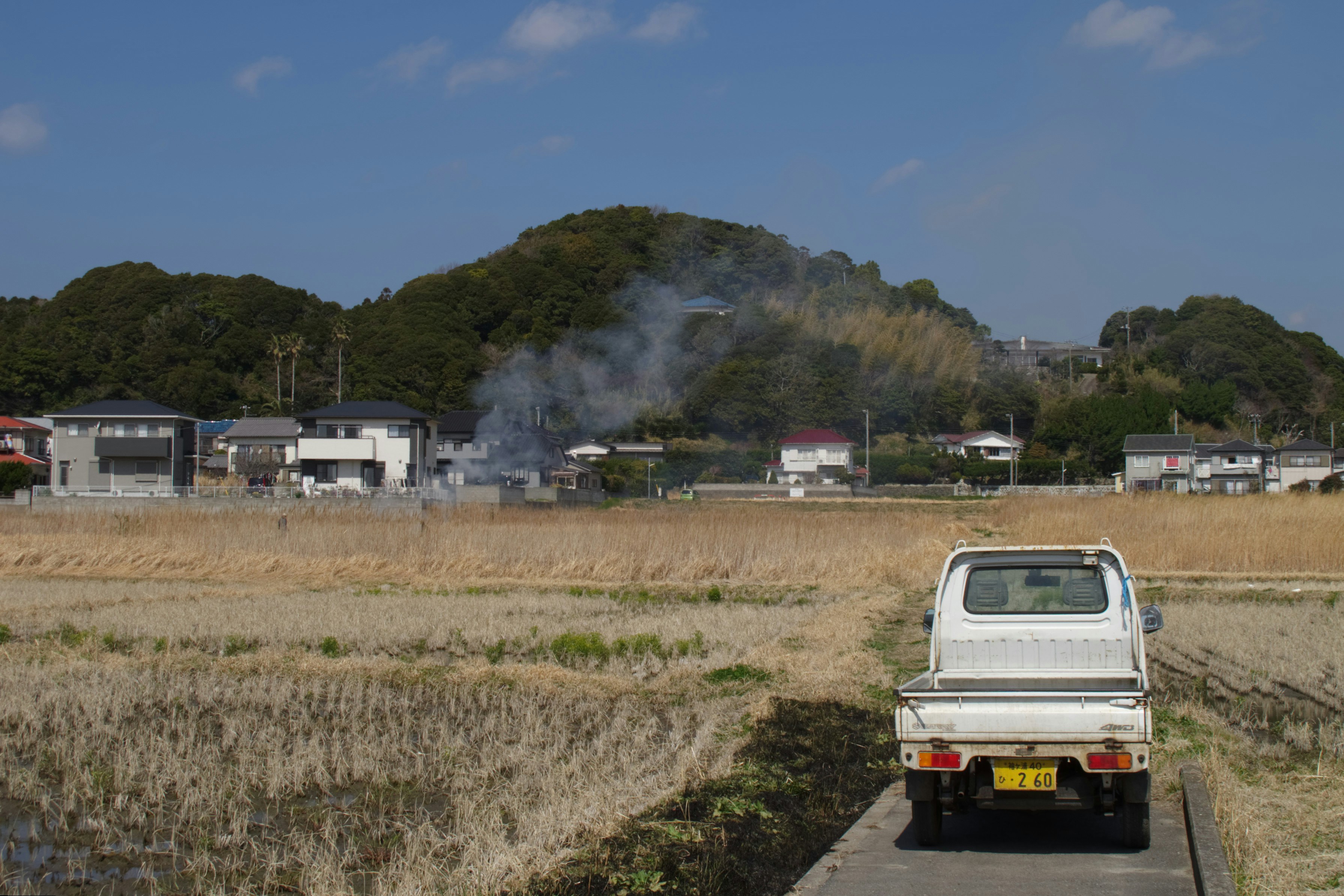 White truck drives on rural road near houses