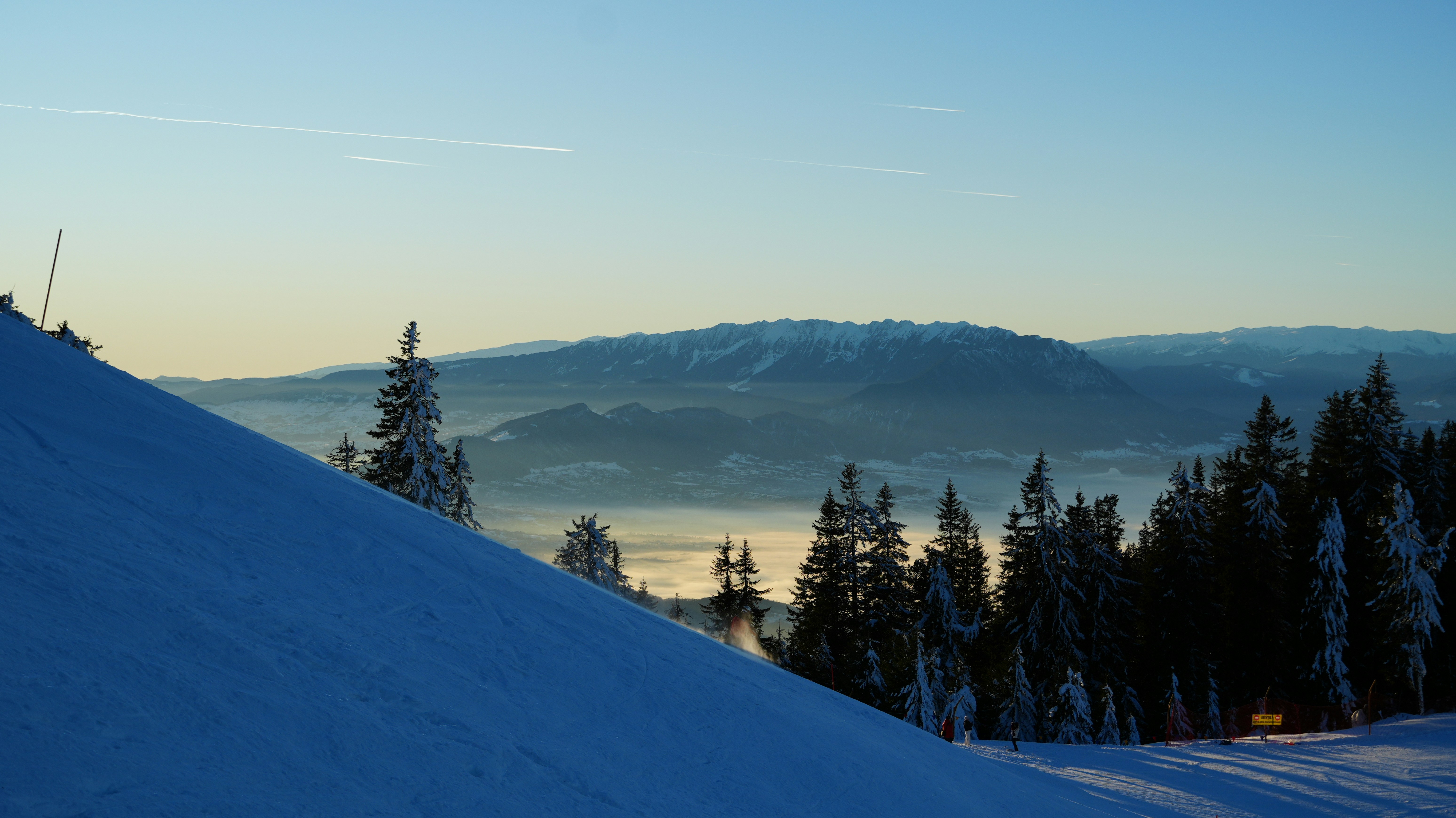 winter sports in Brasov | Snowy mountain slope with evergreen trees at sunrise.