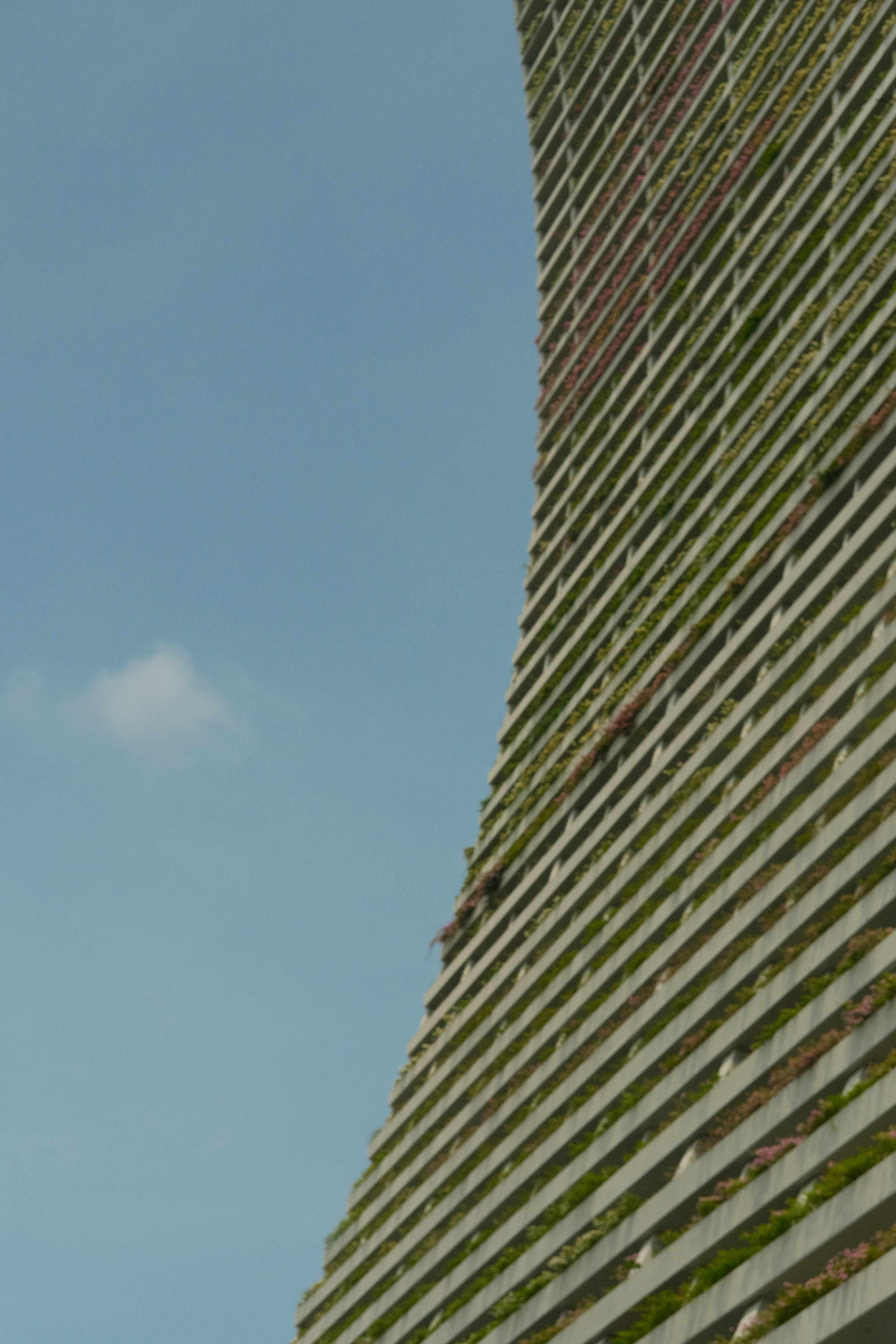 Modern building with green balconies against blue sky