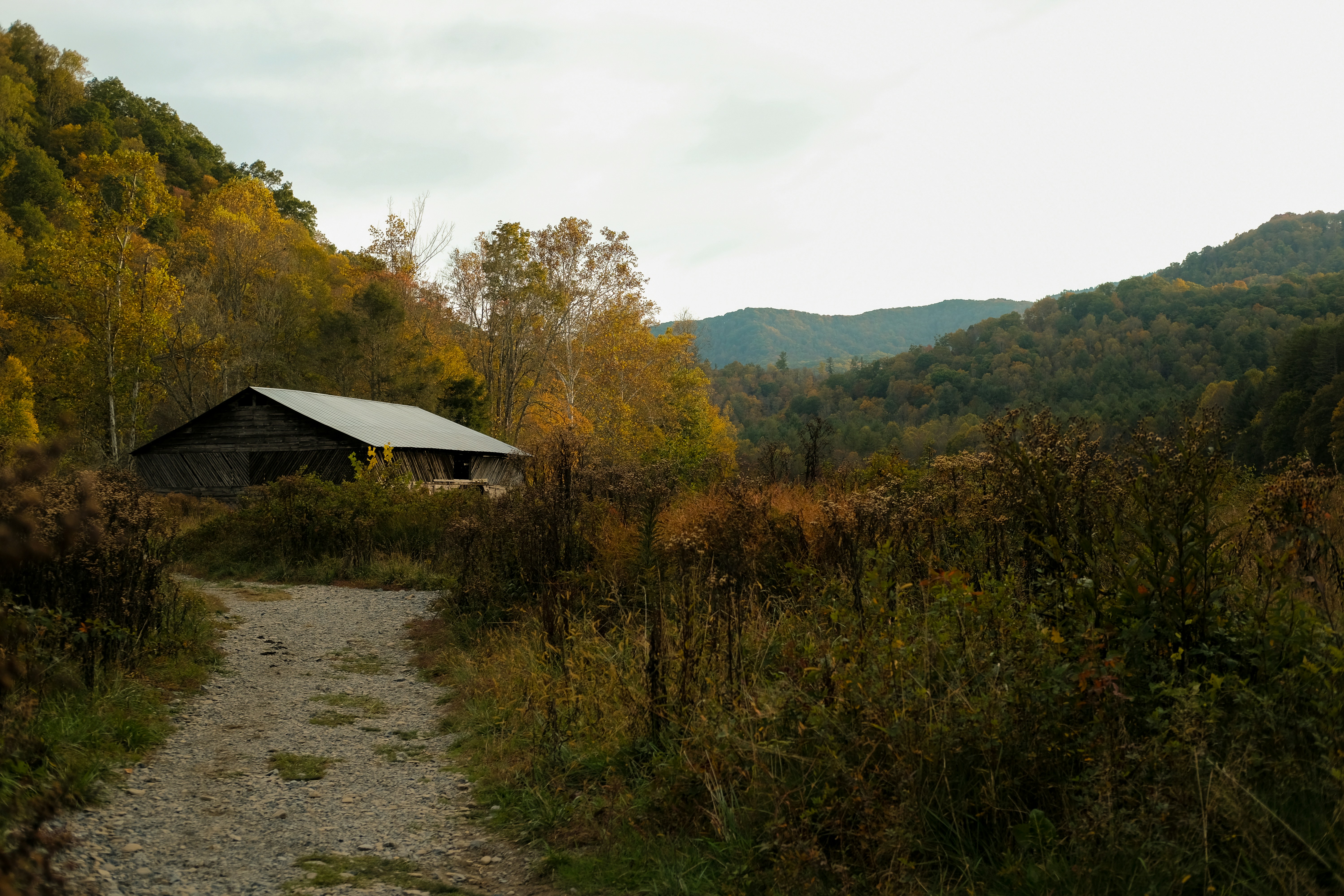Dirt road leads to old barn in autumn landscape