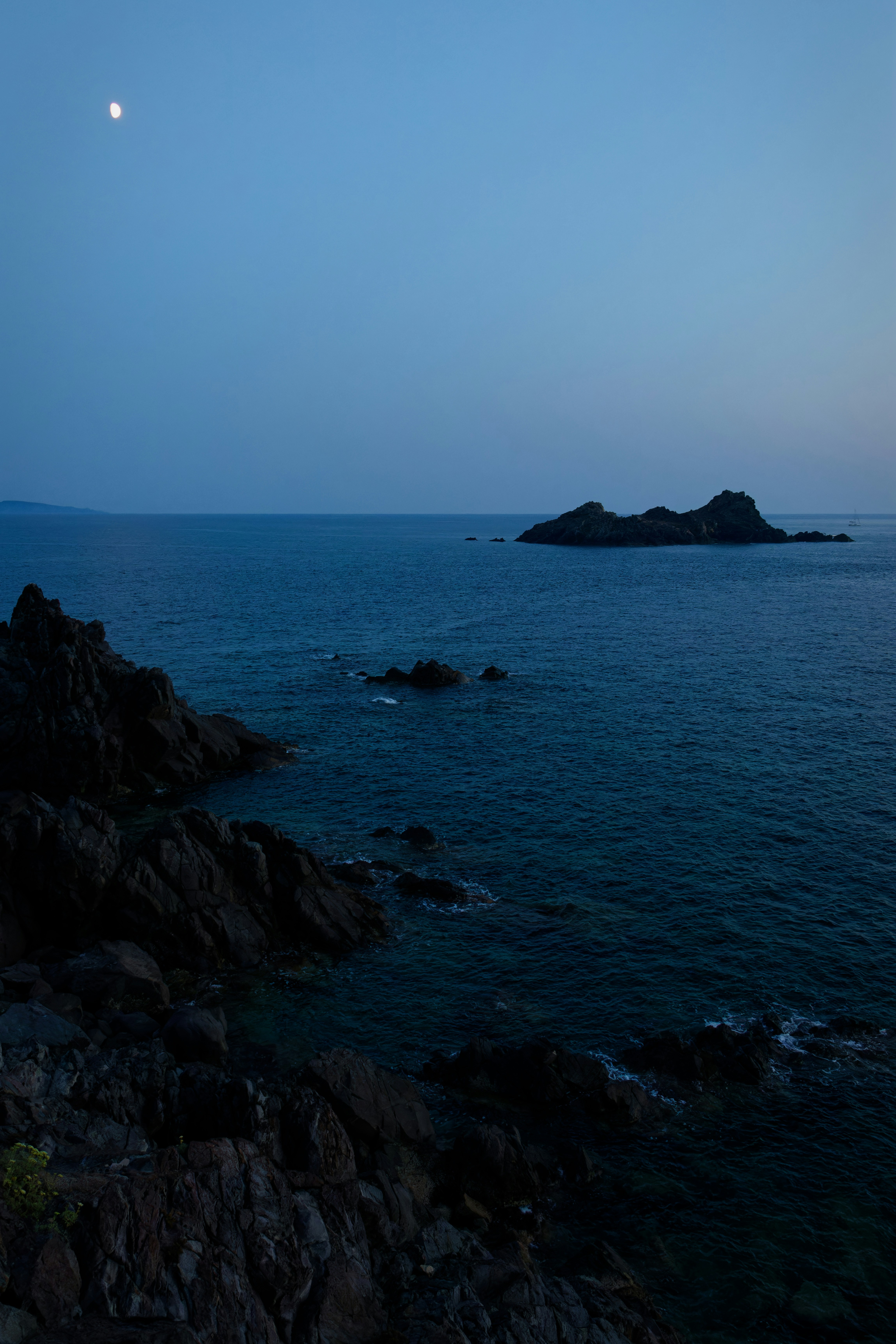 Moonlit ocean with rocky coastline and distant island.