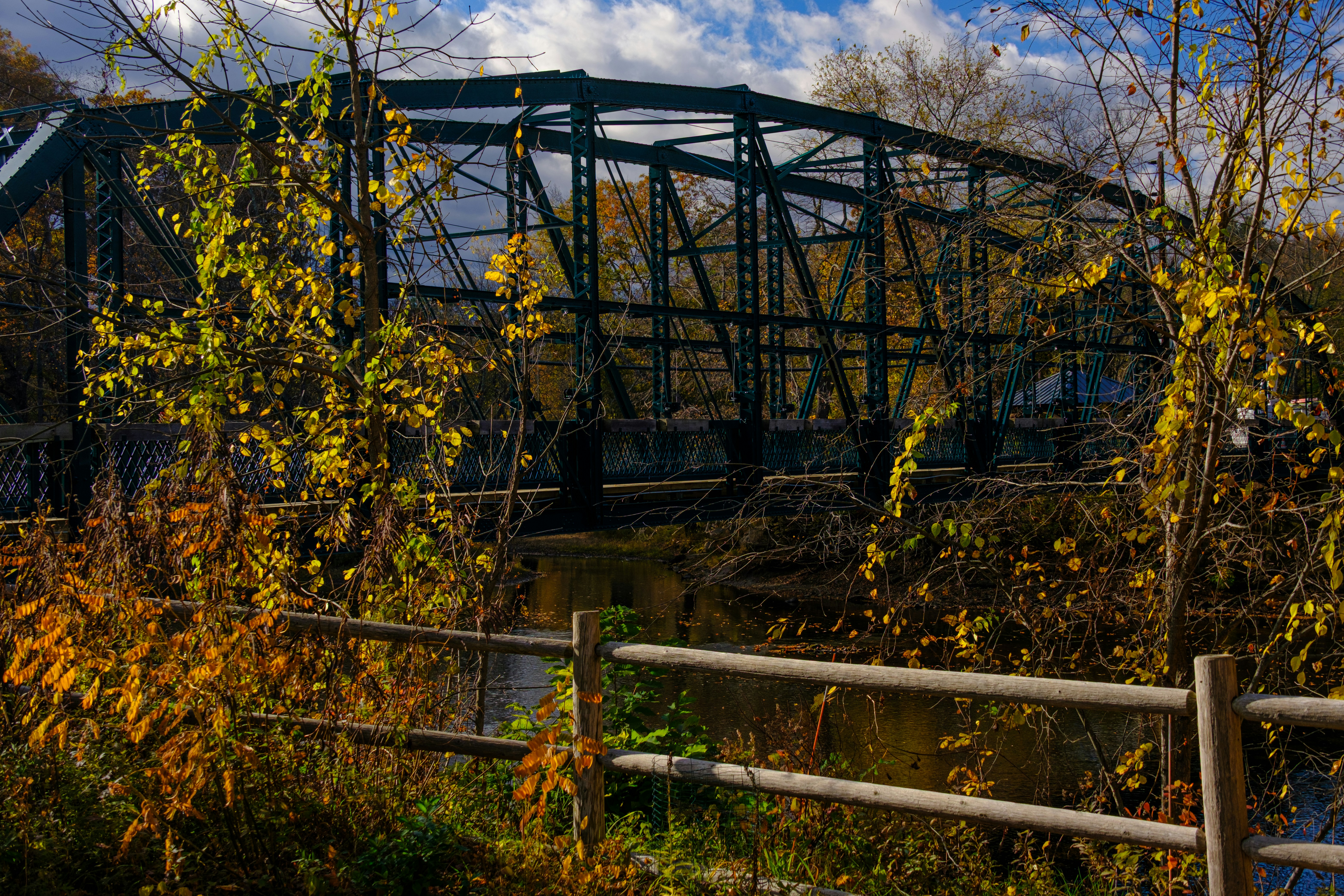 Metal truss bridge over a river in autumn.