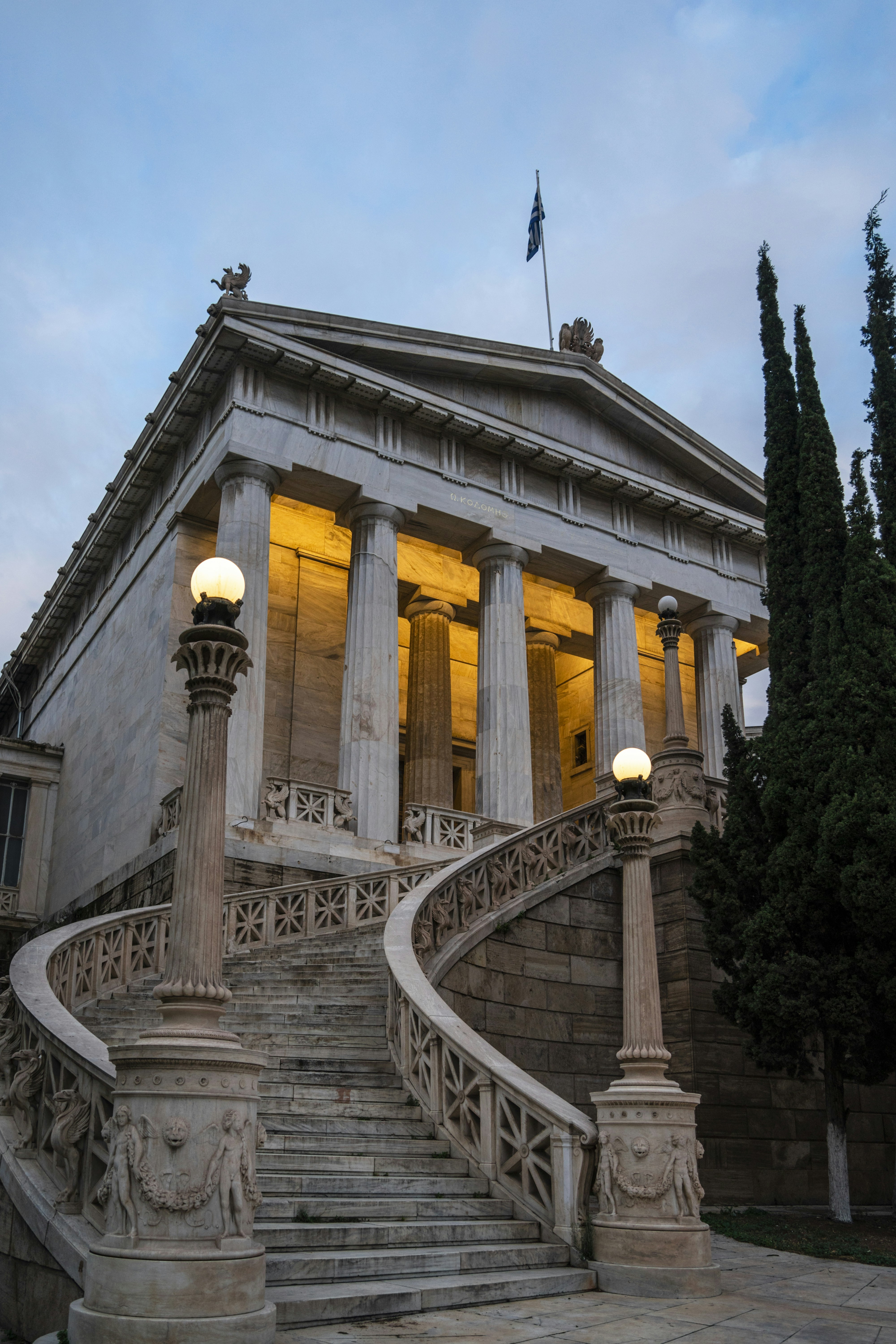 Gilded Steps to a Grecian Portico, Bathed in Warm Light