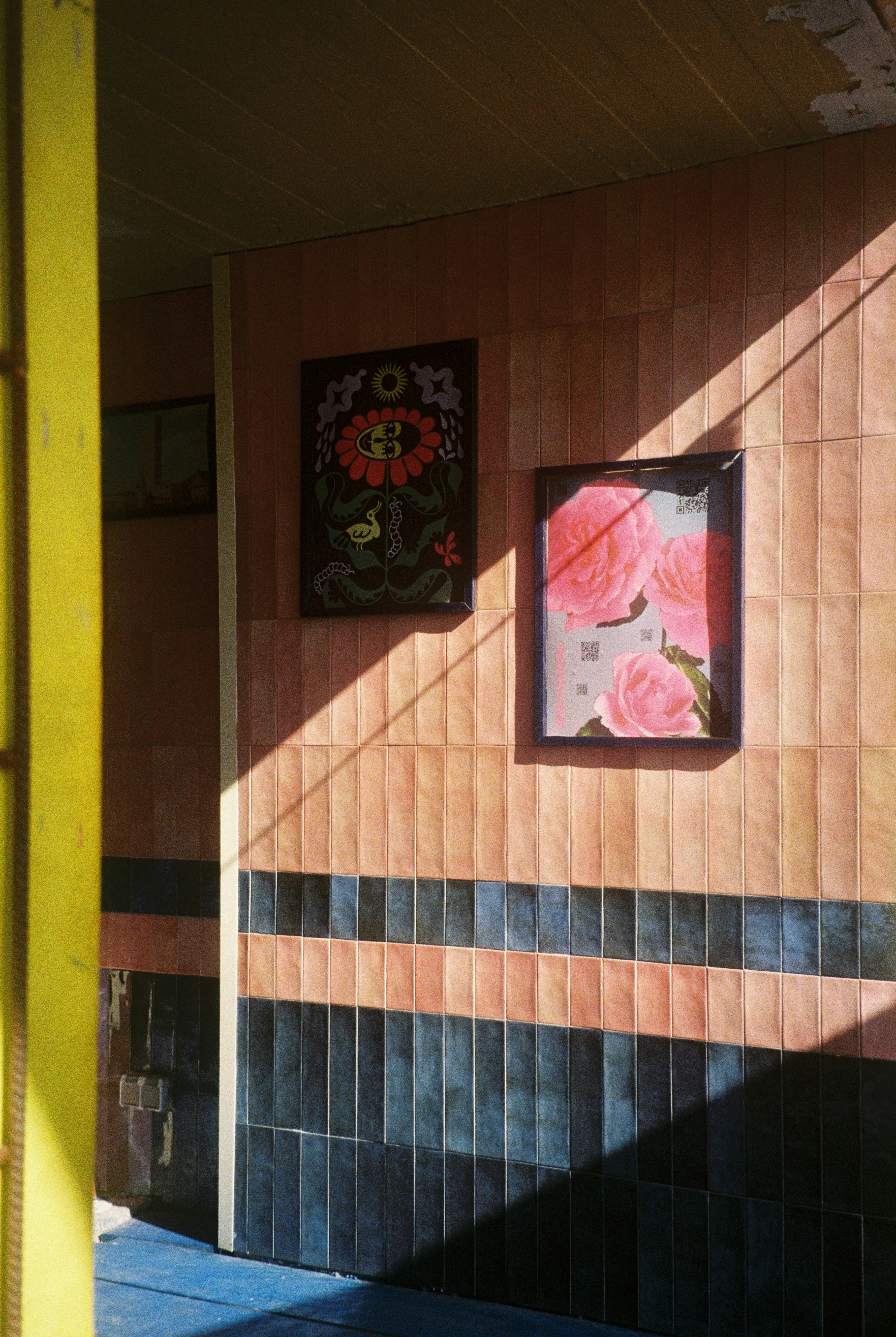 Shot on Kodak UltraMax 400 | Two framed artworks hang on a tiled wall.