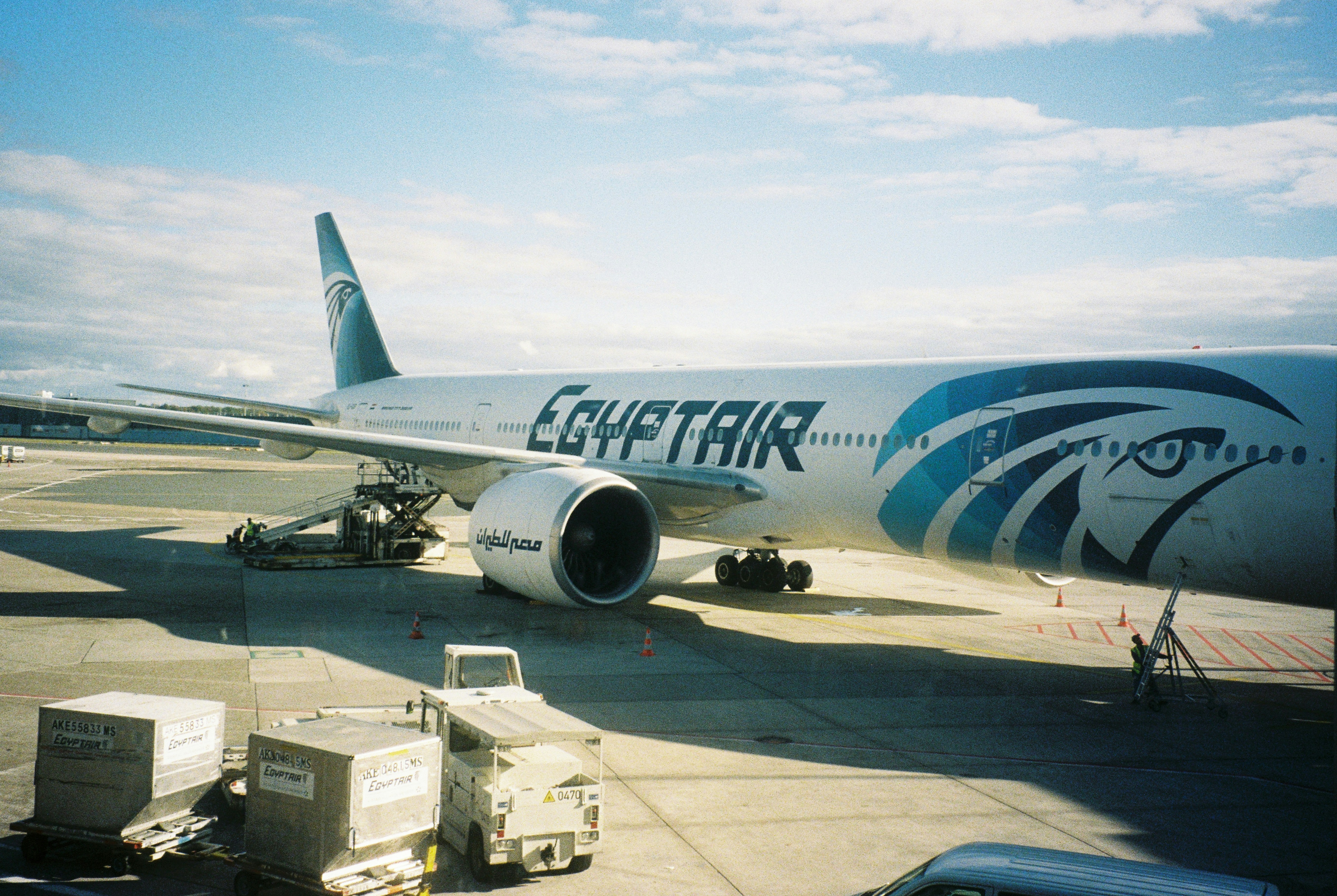 Shot on Kodak UltraMax 400 | Egyptair airplane parked at the gate