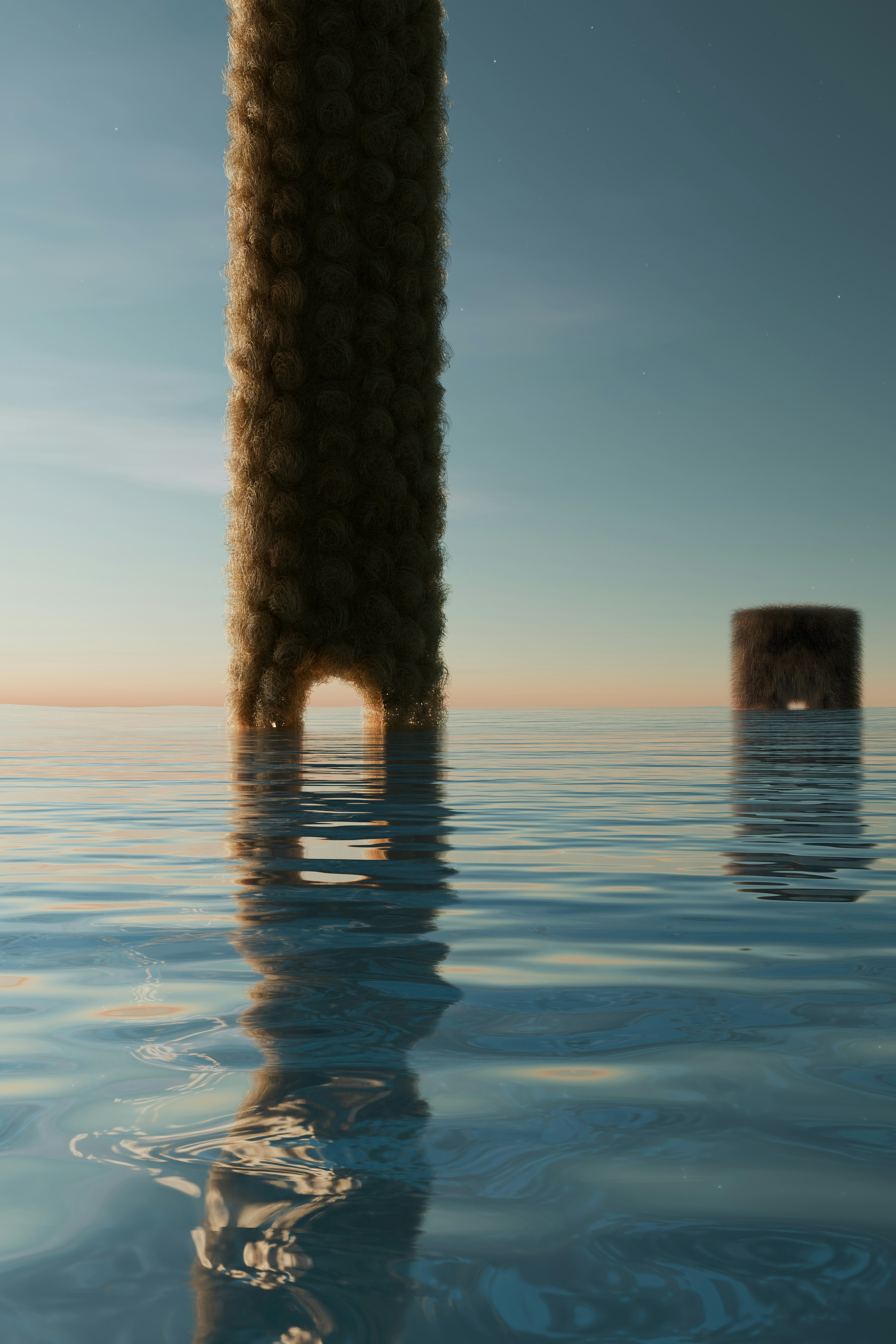 Zwei zylindrische Strukturen erheben sich aus ruhigem Meerwasser. Foto ...