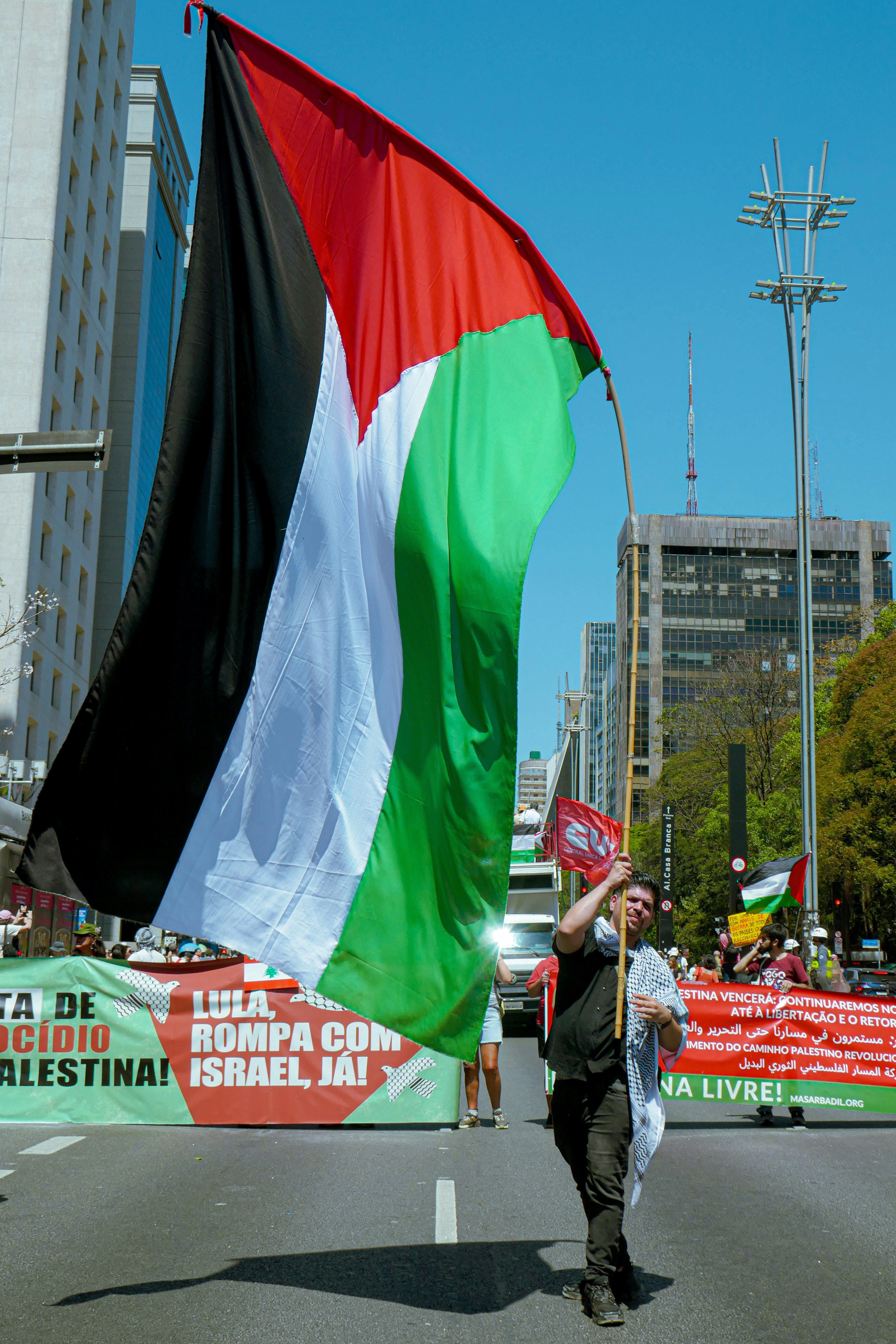 Man waving a large palestinian flag during a protest. photo – Free ...