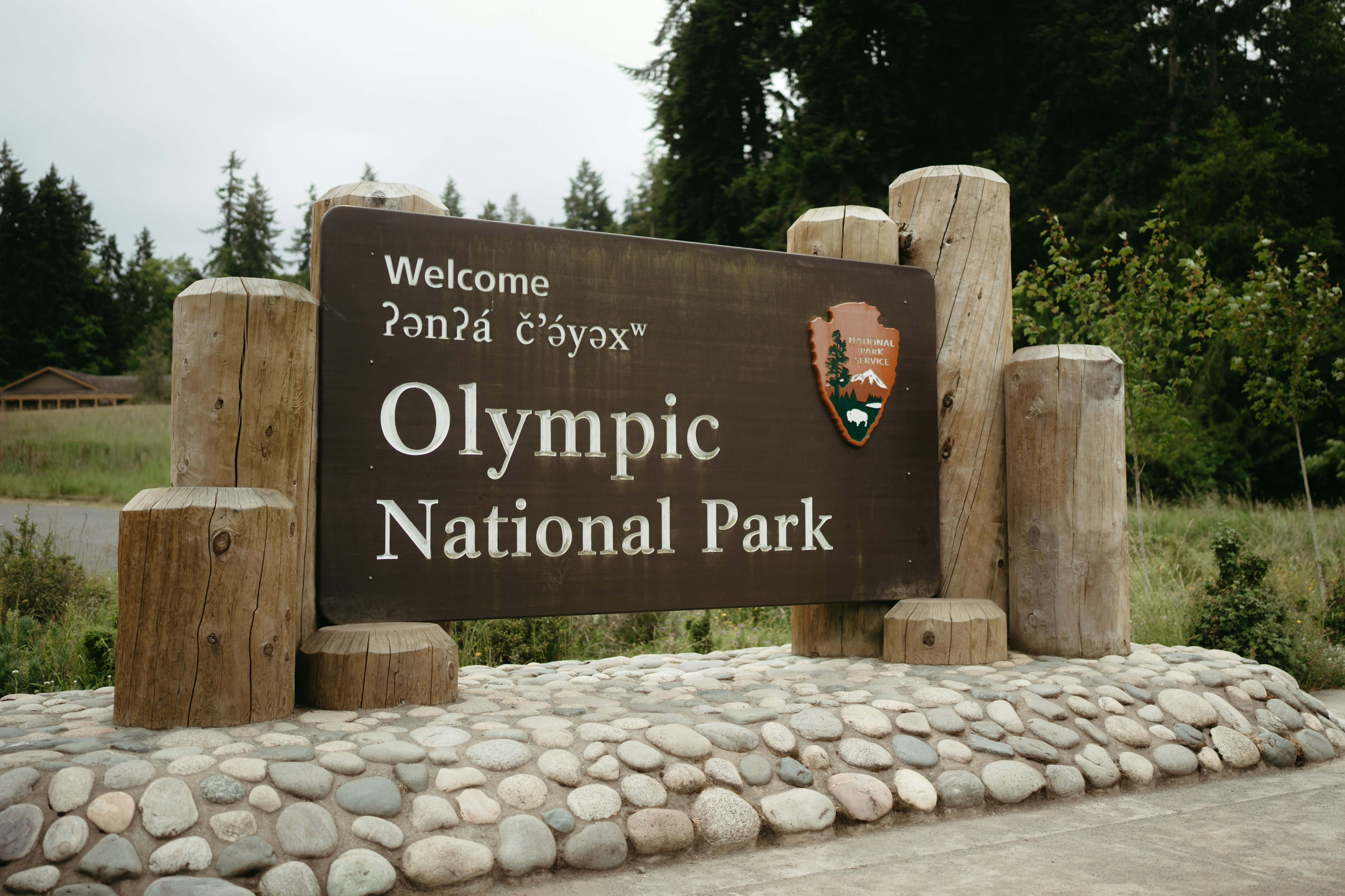 Olympic national park entrance sign with welcome message