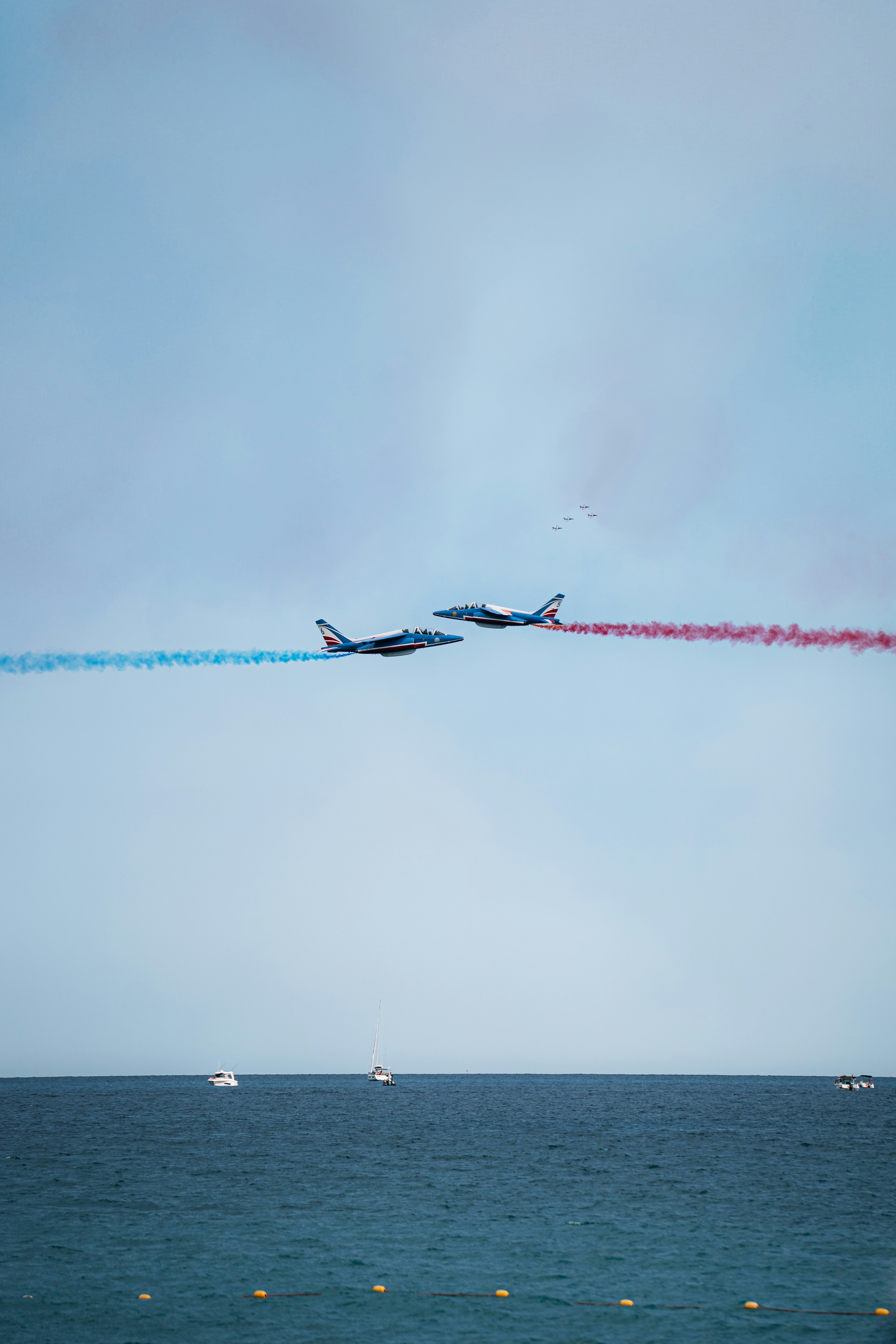 Blue and Red Skies: A Pair of Aerobatic Dolphins Over the Sea
