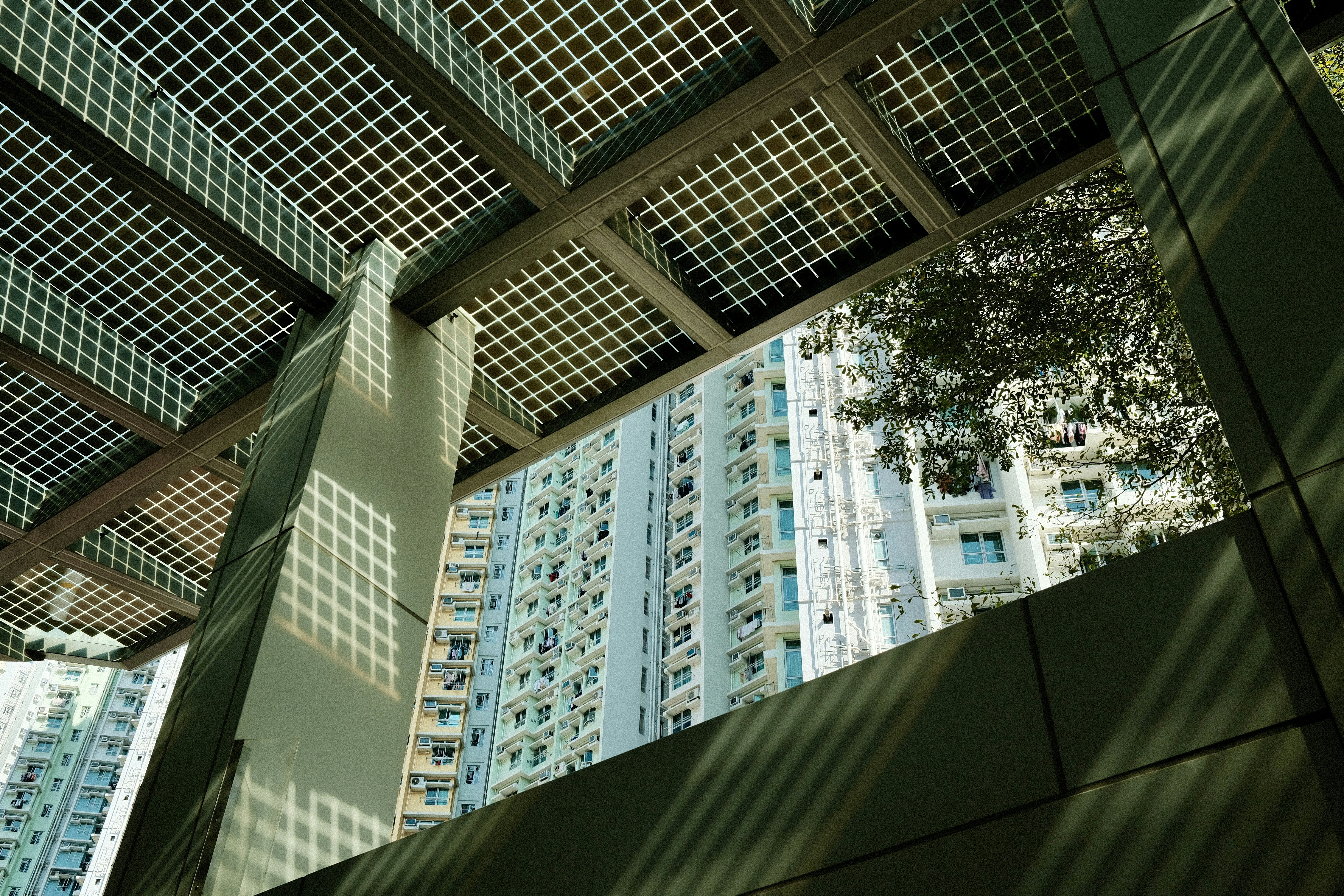 Modern buildings with solar panels overhead