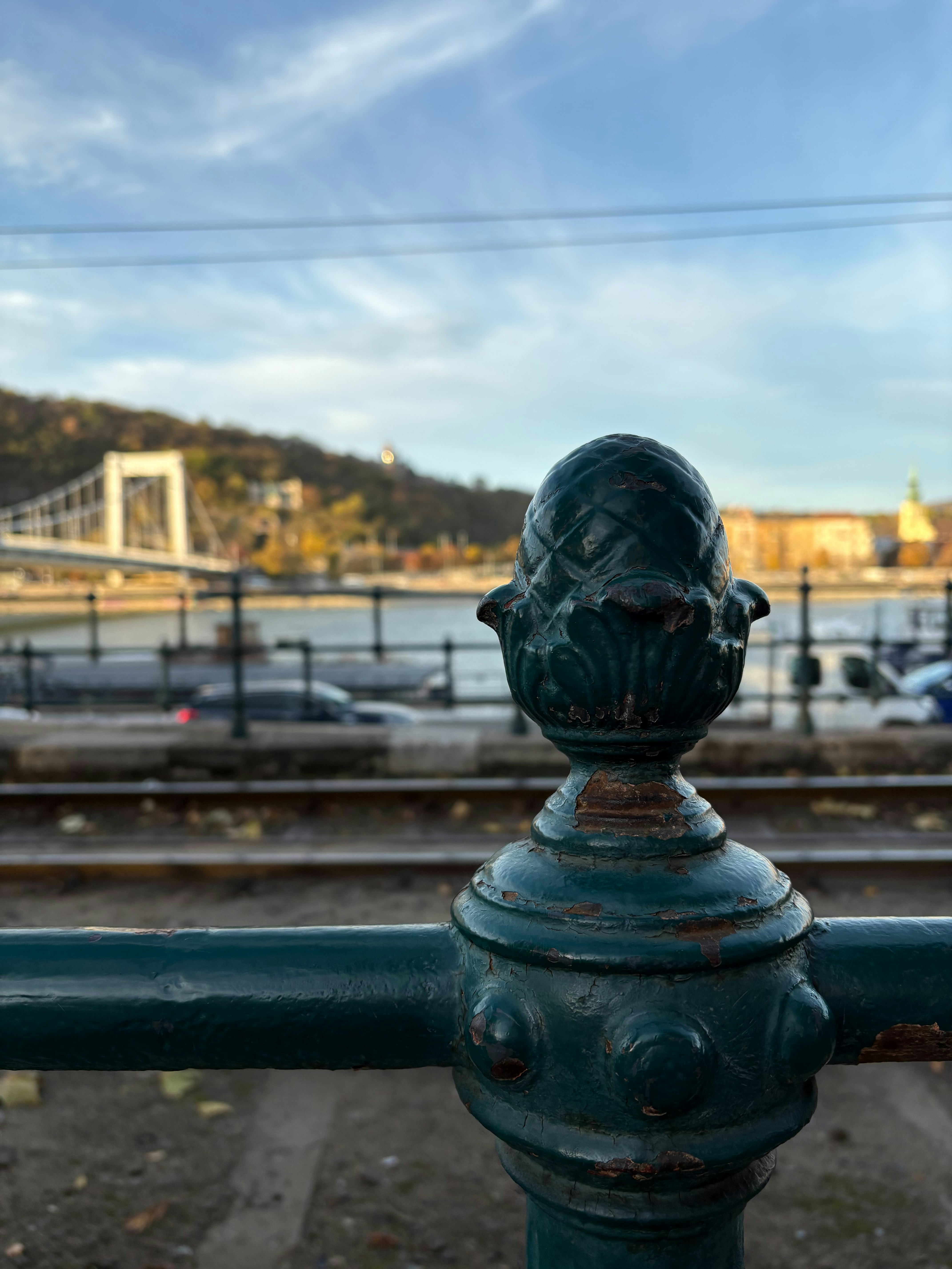 Ornate railing post with a decorative figure overlooking the Danube River and the iconic Chain Bridge in the background. The scene captures a tranquil moment by the water's edge.