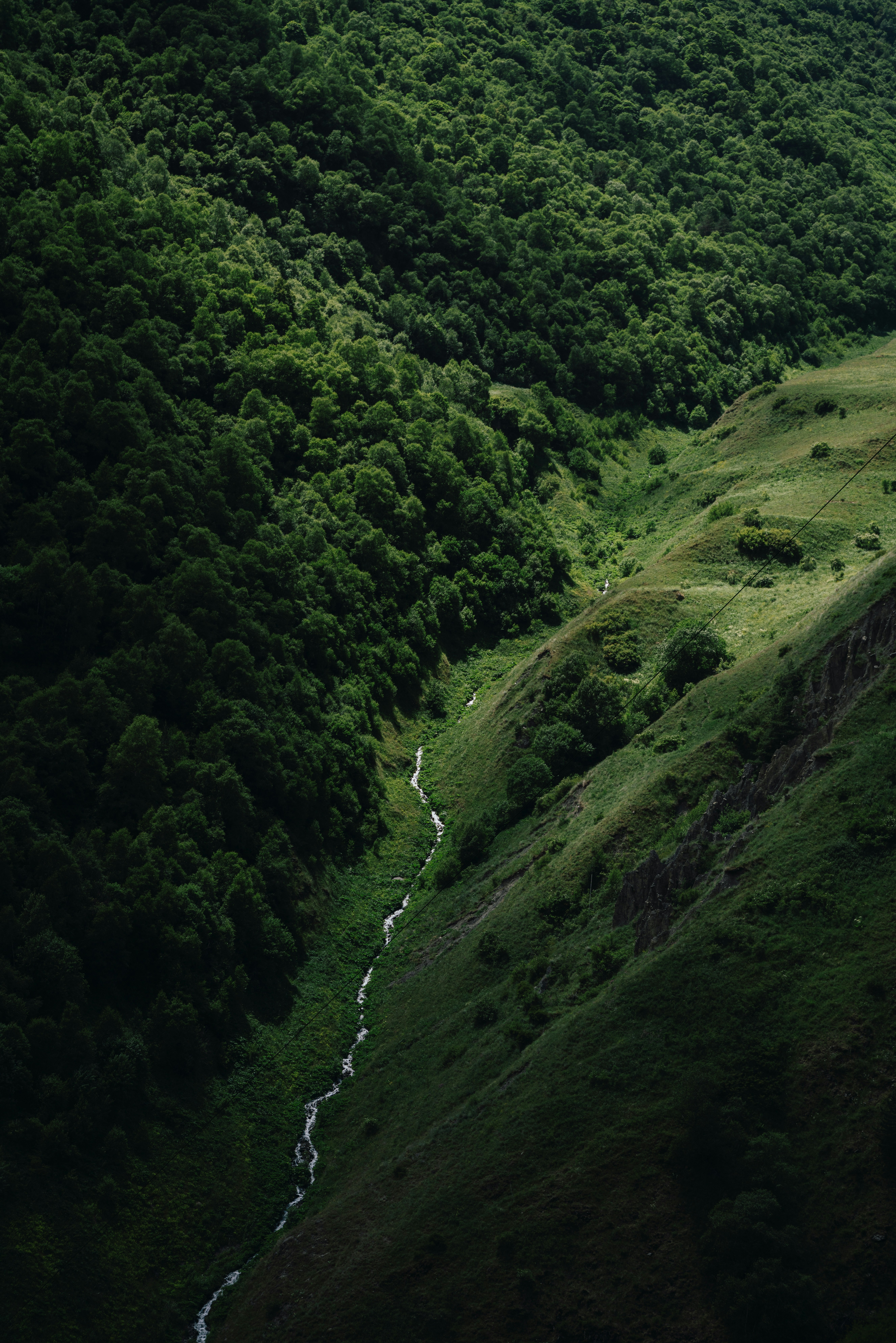 A winding stream flows through a lush green valley, surrounded by dense foliage and rolling hills.