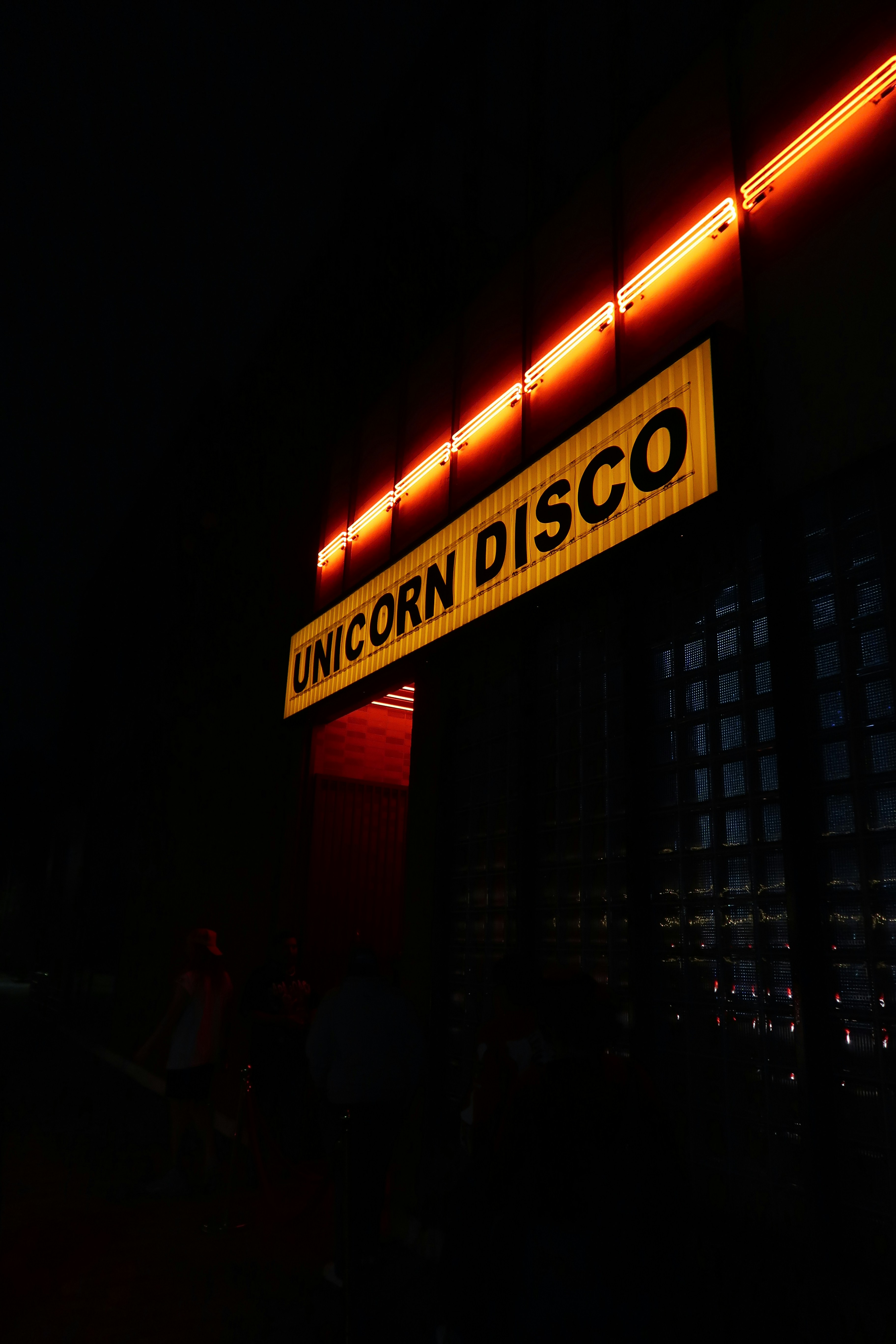 Neon sign for unicorn disco at night