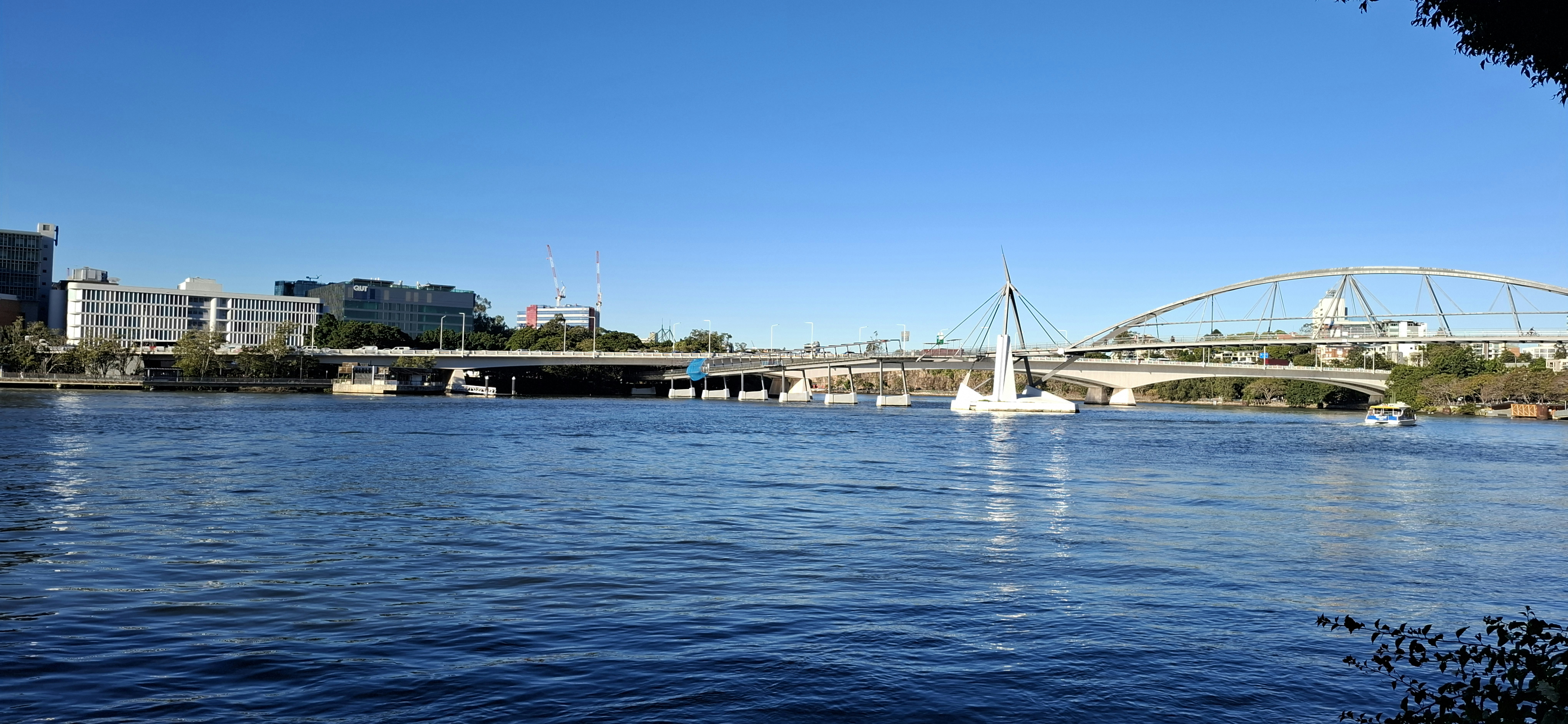 Beautiful Brisbane City photo with Brisbane River & Buildings | Sailboat on a wide river with bridges and cityscape.