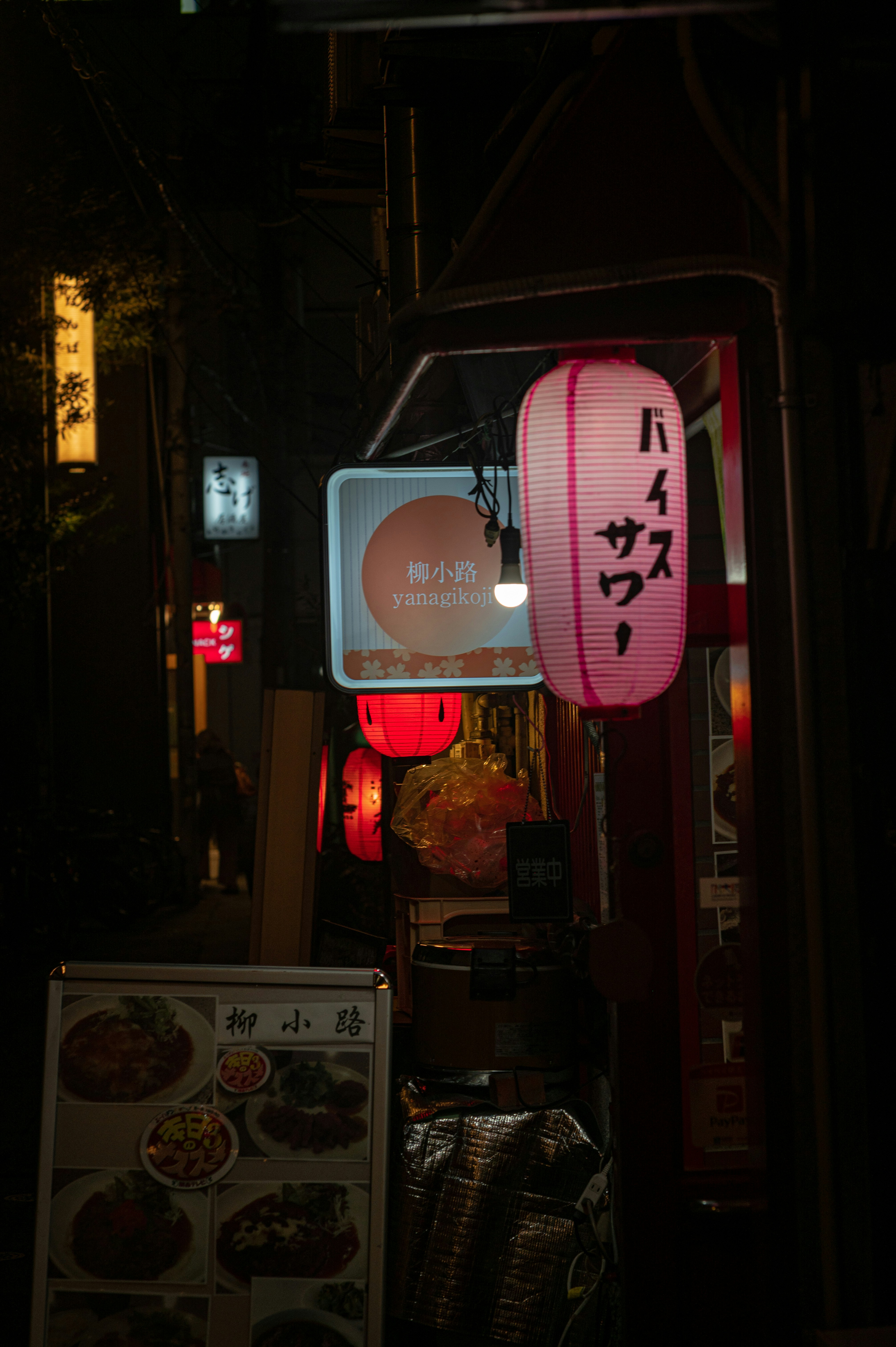 Pink Lanterns and Neon Signage in a Dim Street Scene