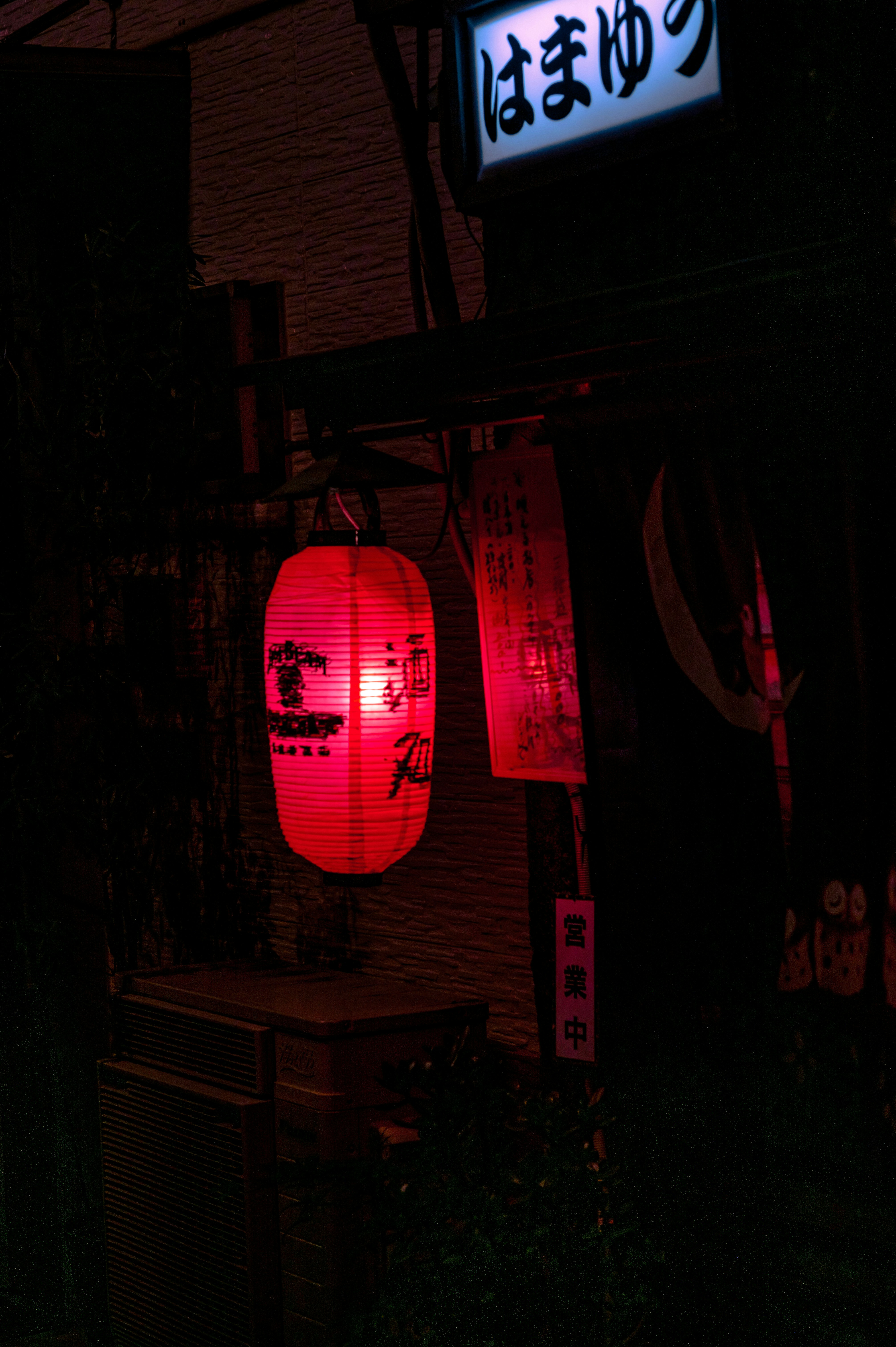 Red lantern hanging outside a japanese restaurant at night.