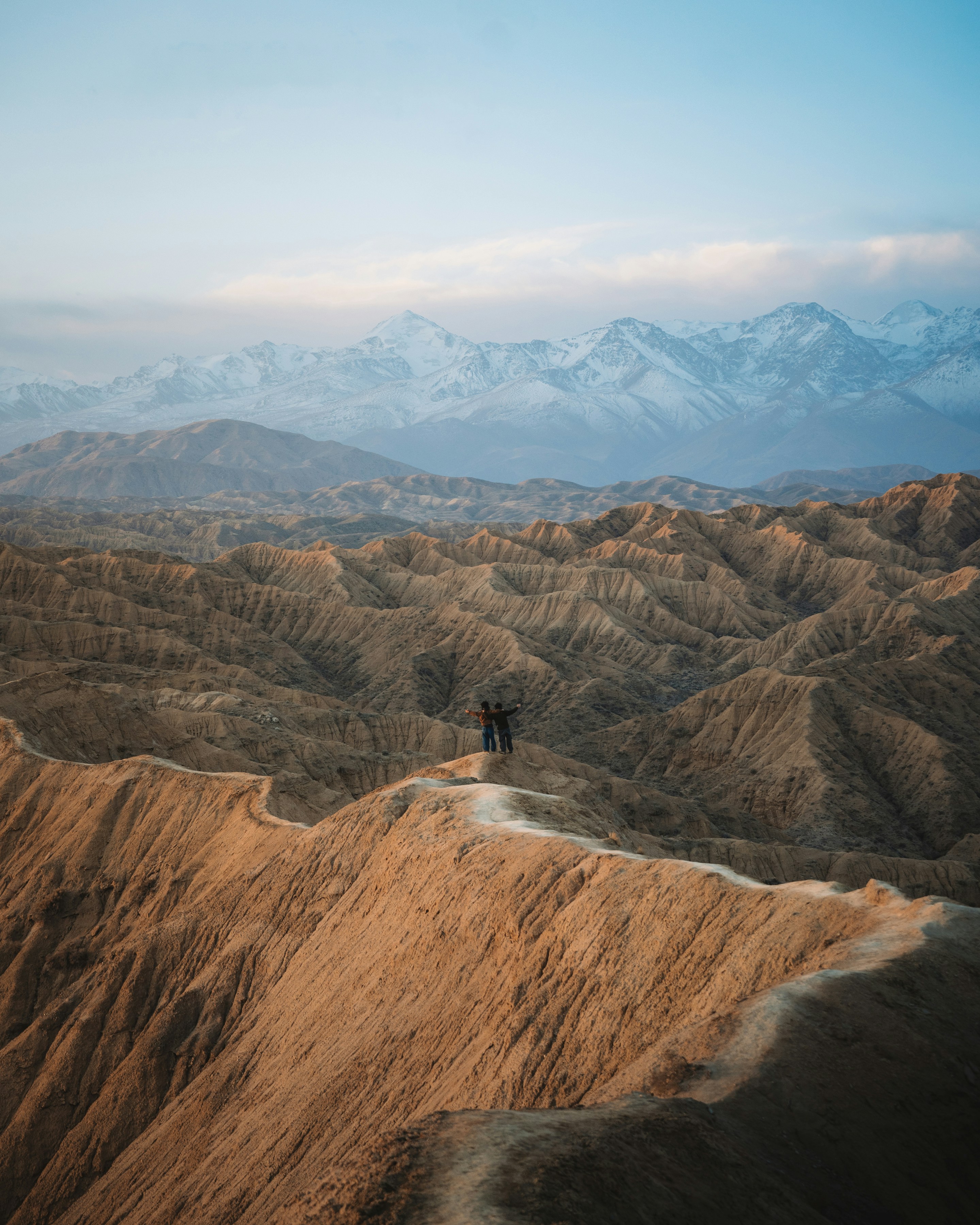 Two people stand on a ridge overlooking vast desert landscape