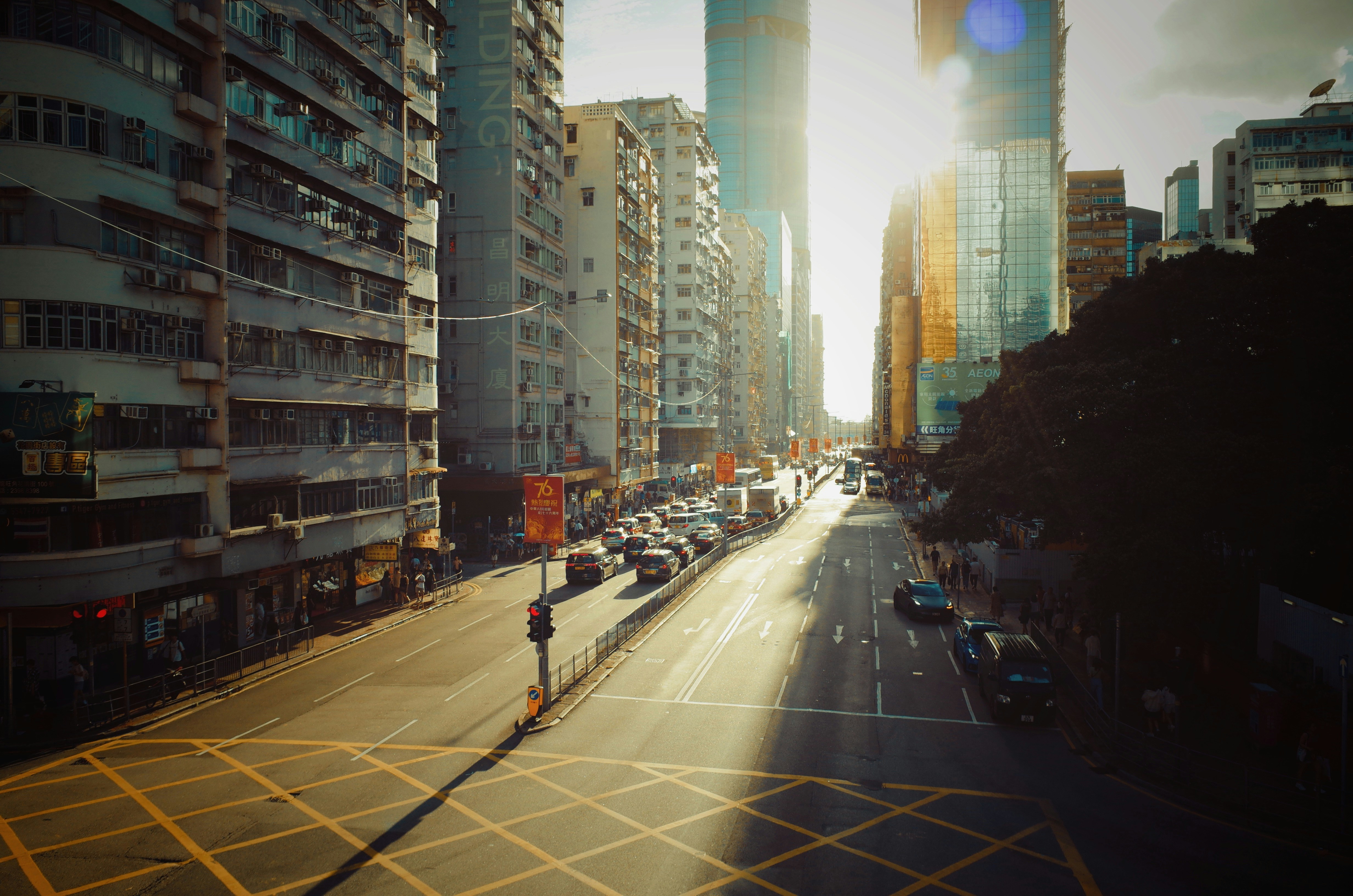 Golden sunlight filters through skyscrapers, illuminating a bustling city street lined with buildings and vehicles.