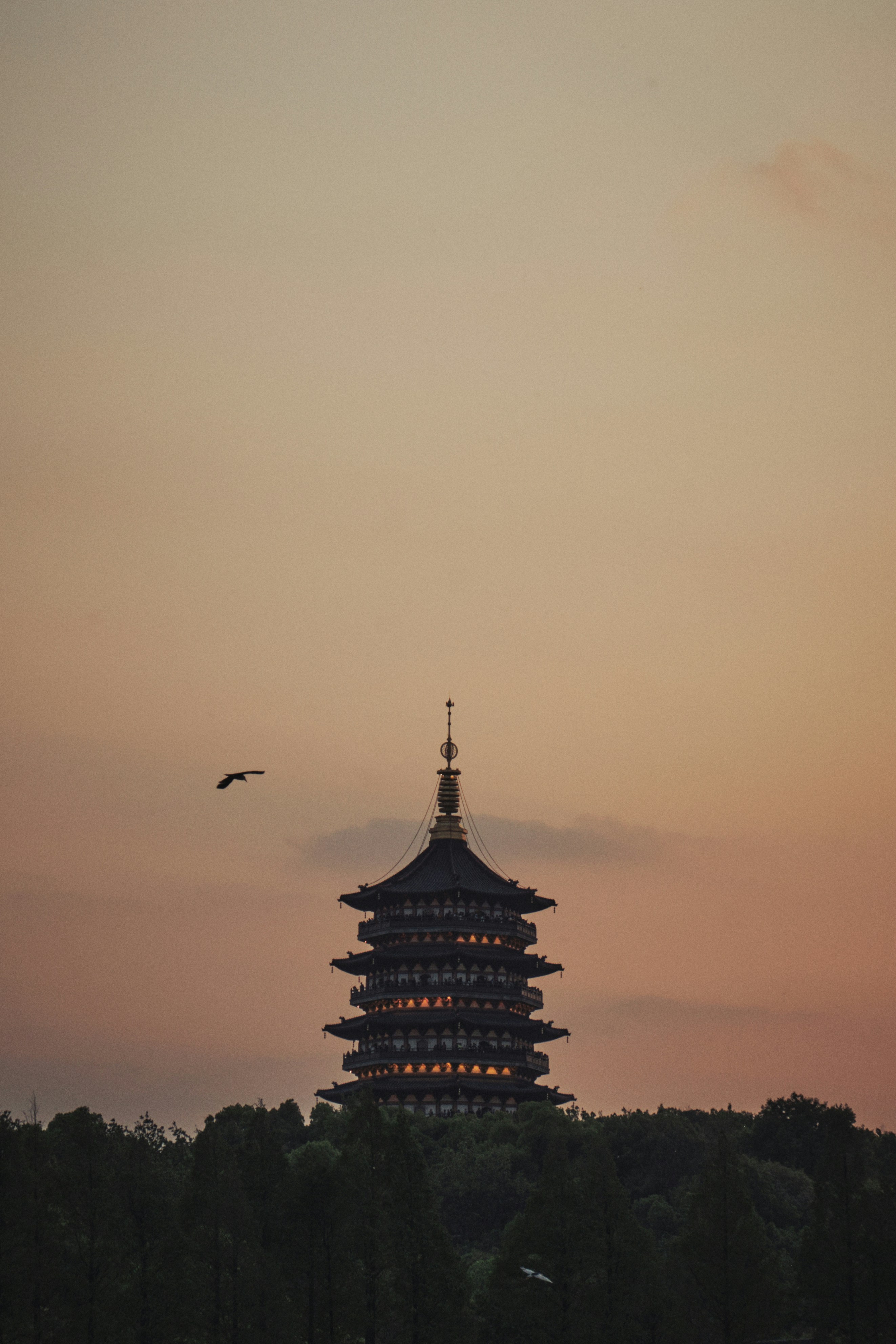 Pagoda silhouetted against a warm sunset sky