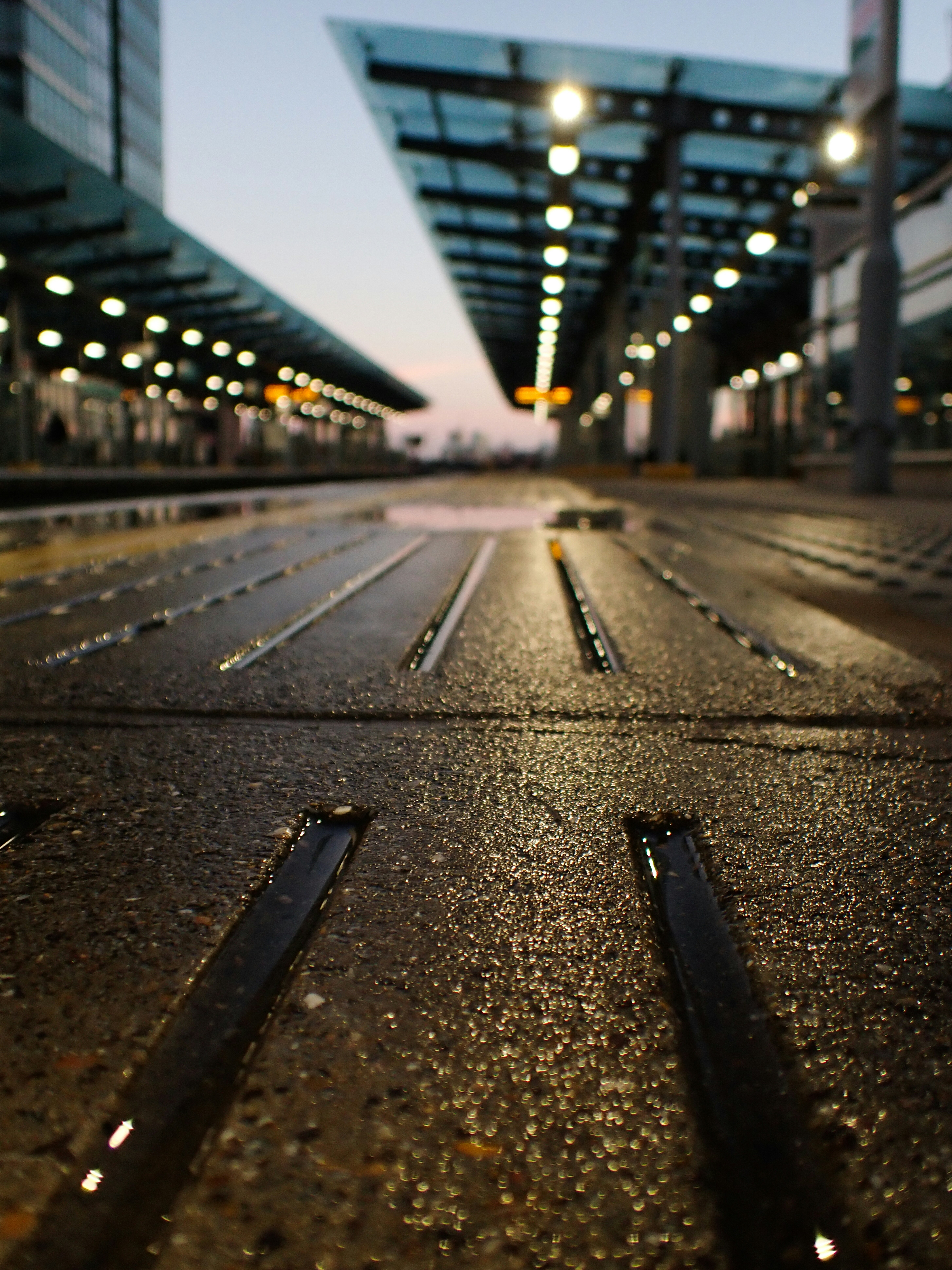 Wet train station platform at dusk with overhead lights