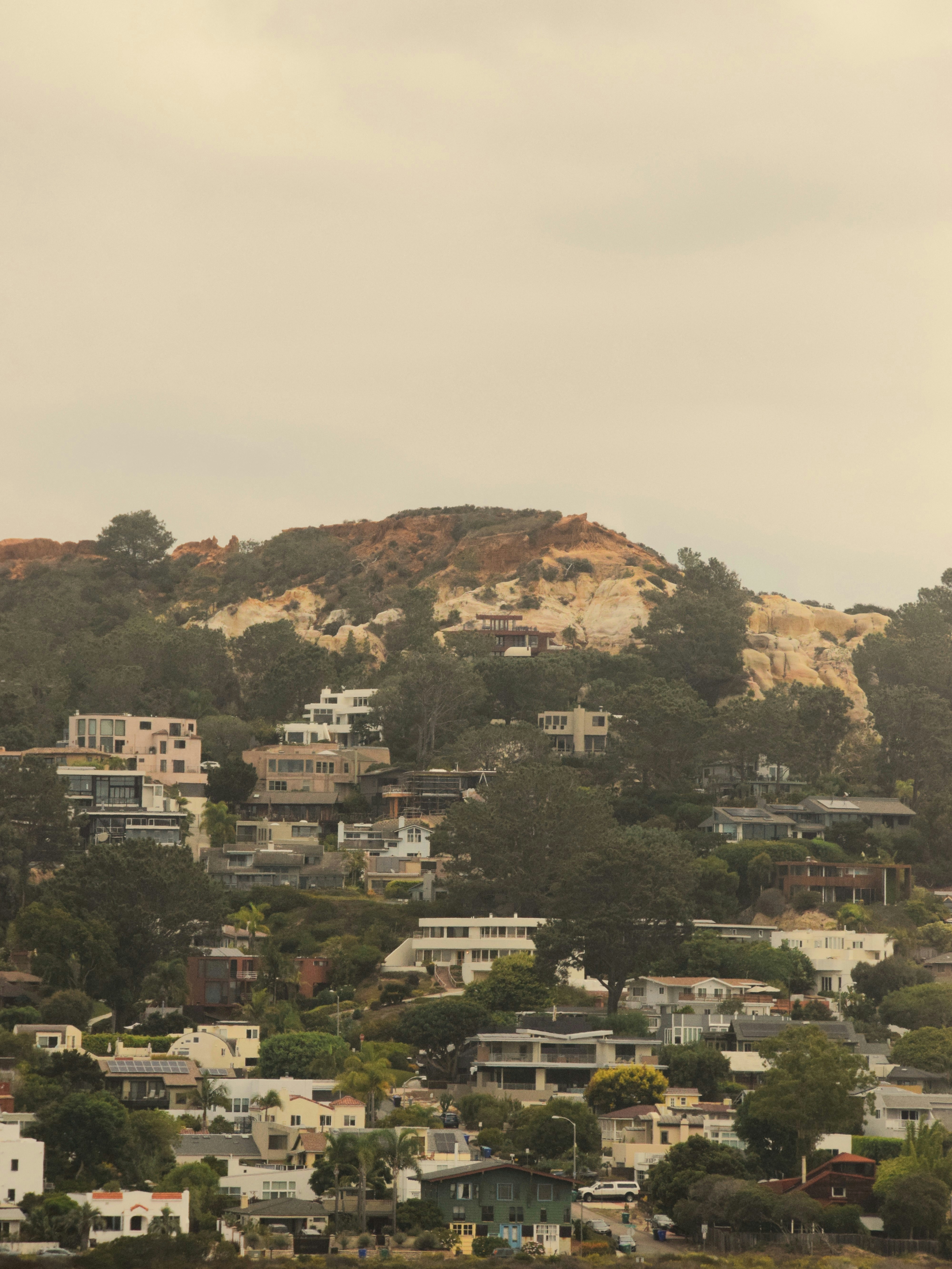 Houses nestled on a tree-covered hillside under a hazy sky.