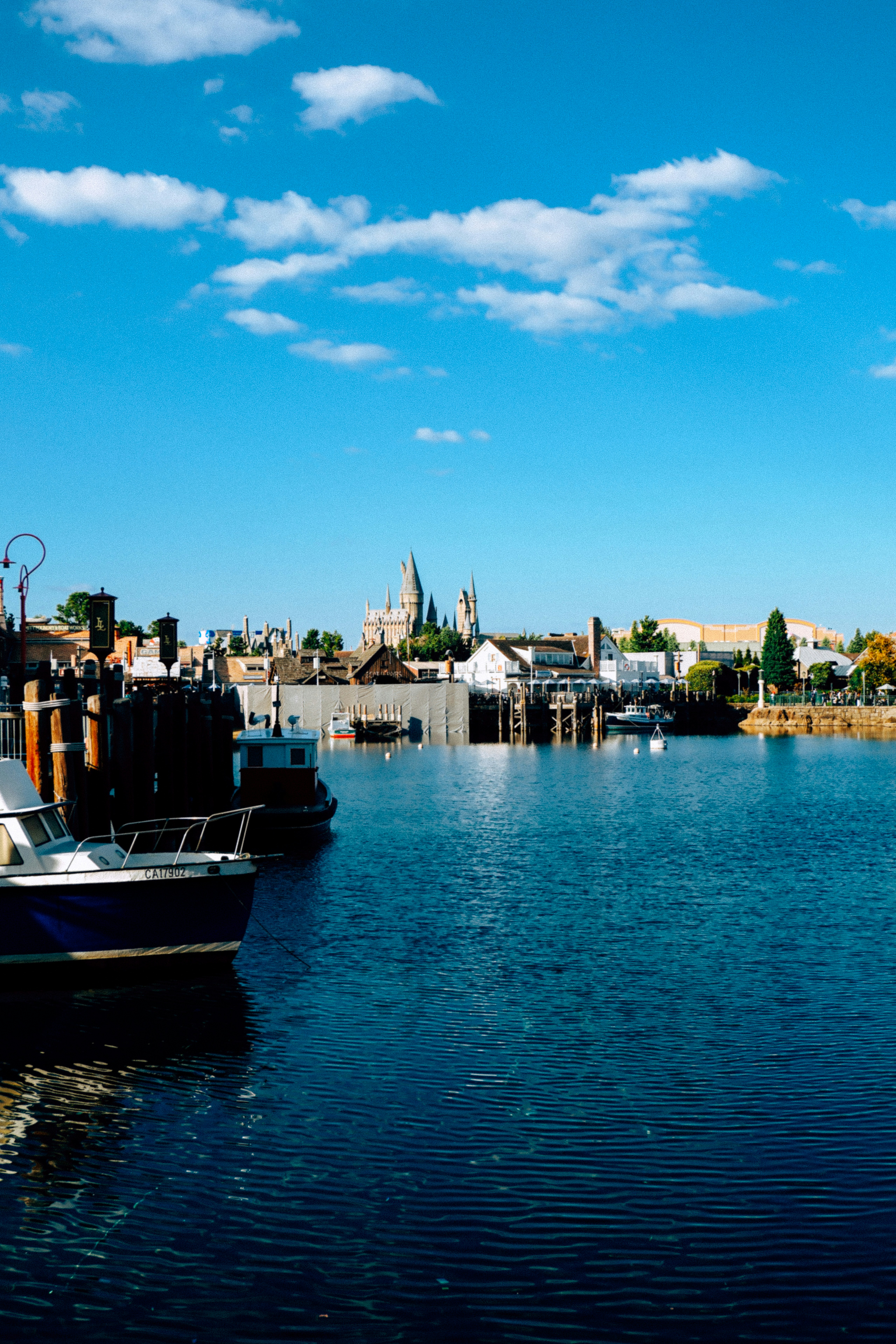 Boats on a blue harbor with city skyline.