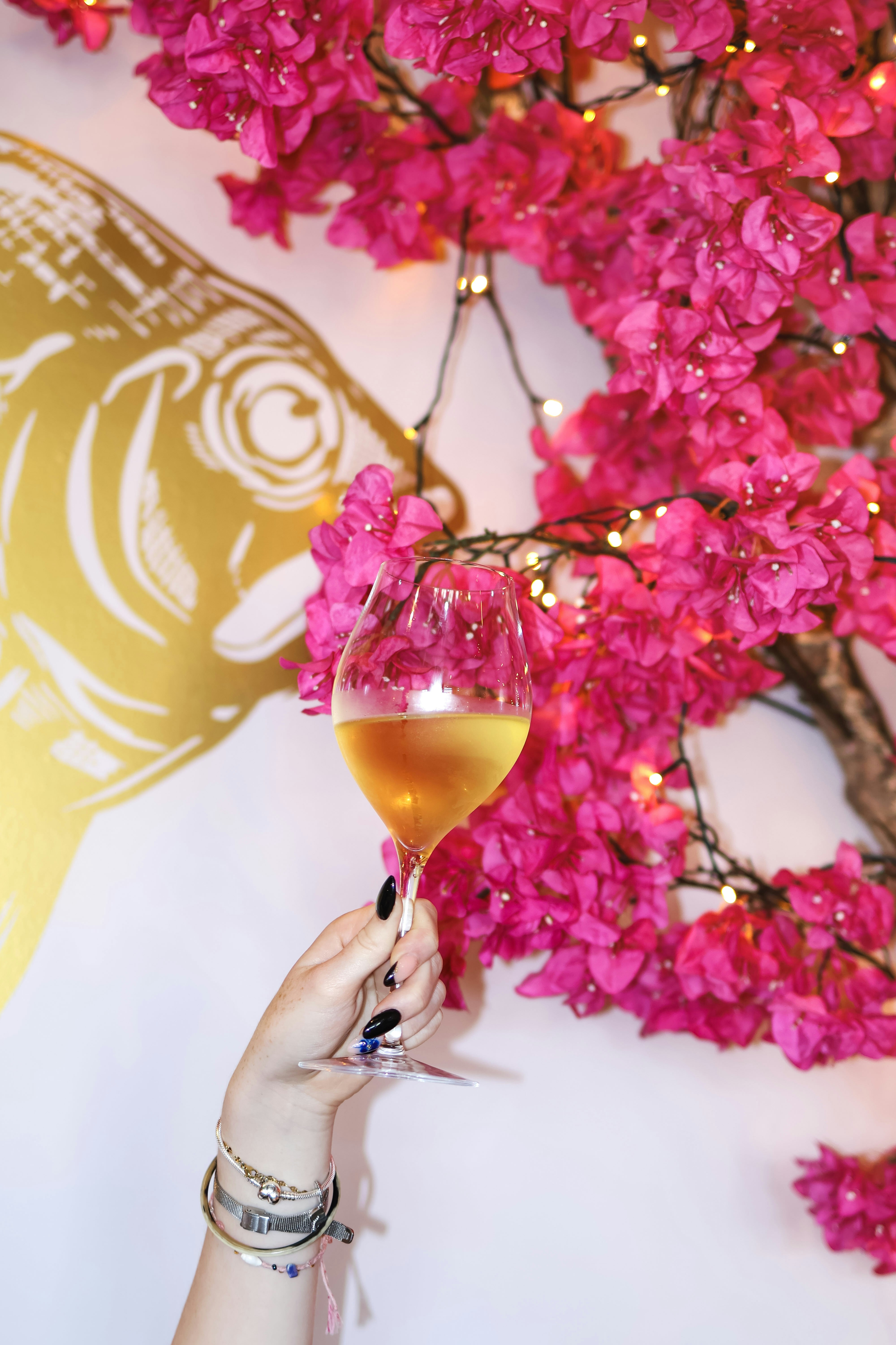 Amber Glass Framed by Pink Bougainvillea and Fairy Lights