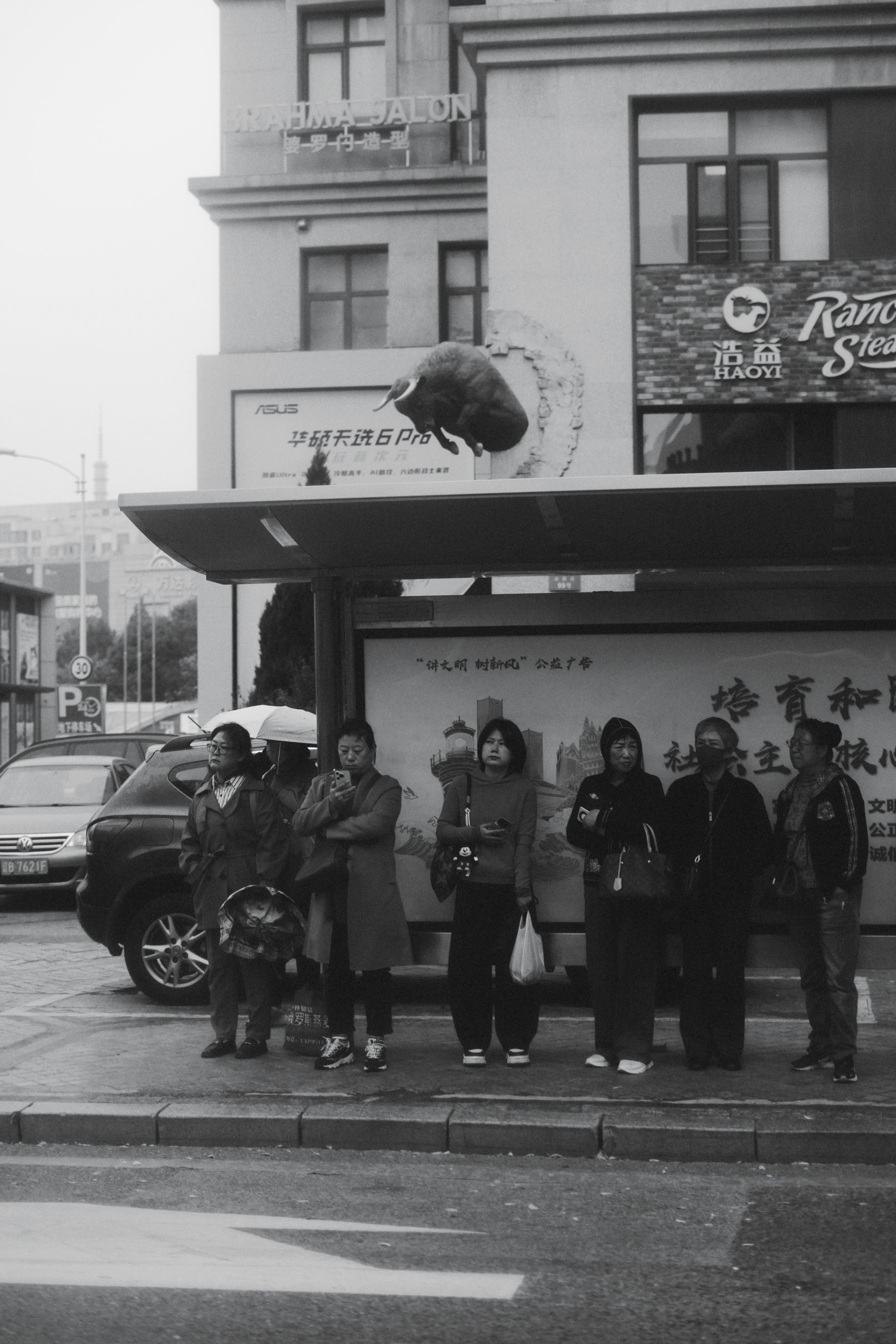 A group of individuals waiting at a bus stop under overcast skies, showcasing a blend of urban life and quiet anticipation.