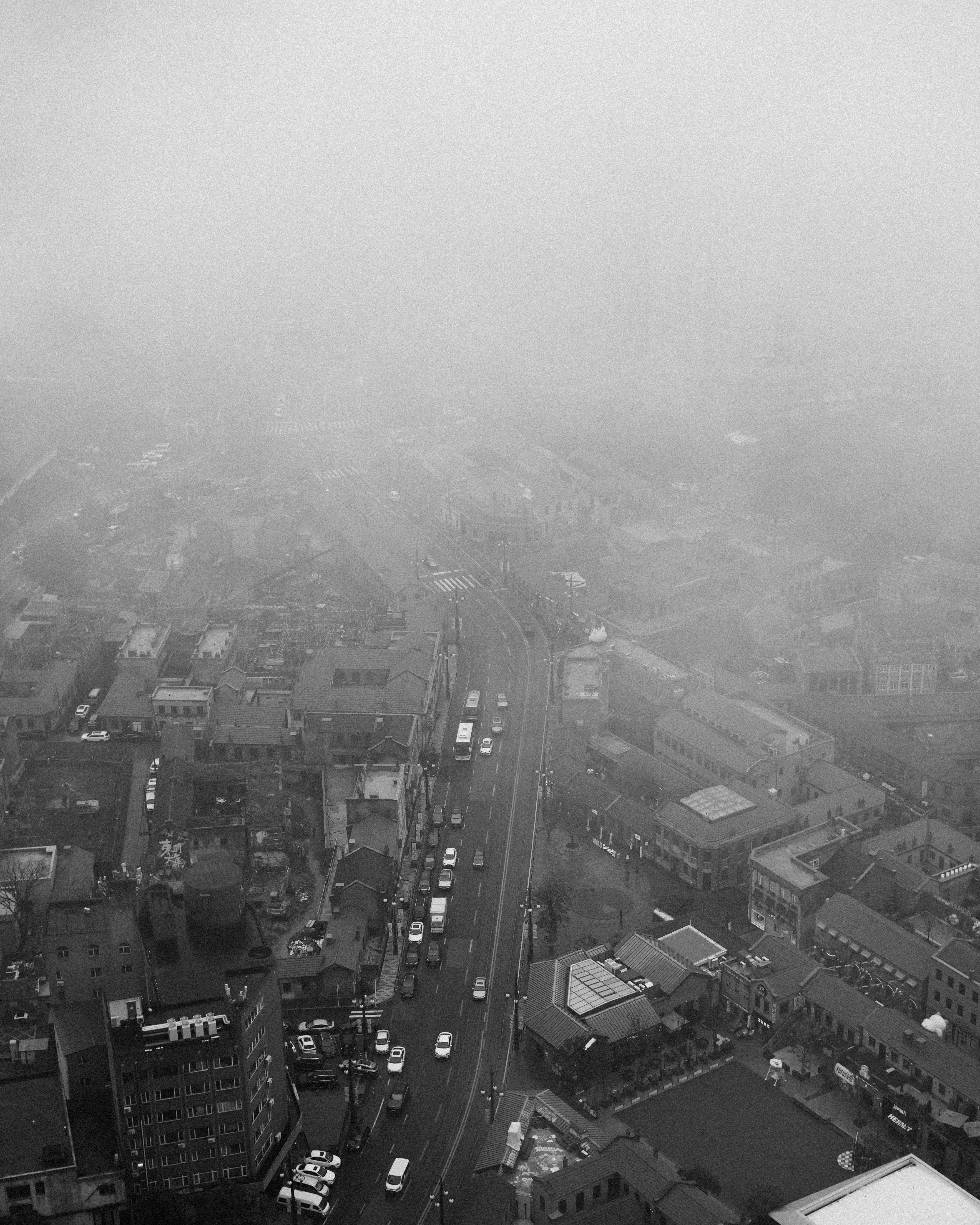 Fogbound Corridor: A City Vanishing Into Mist Along the Street Spine