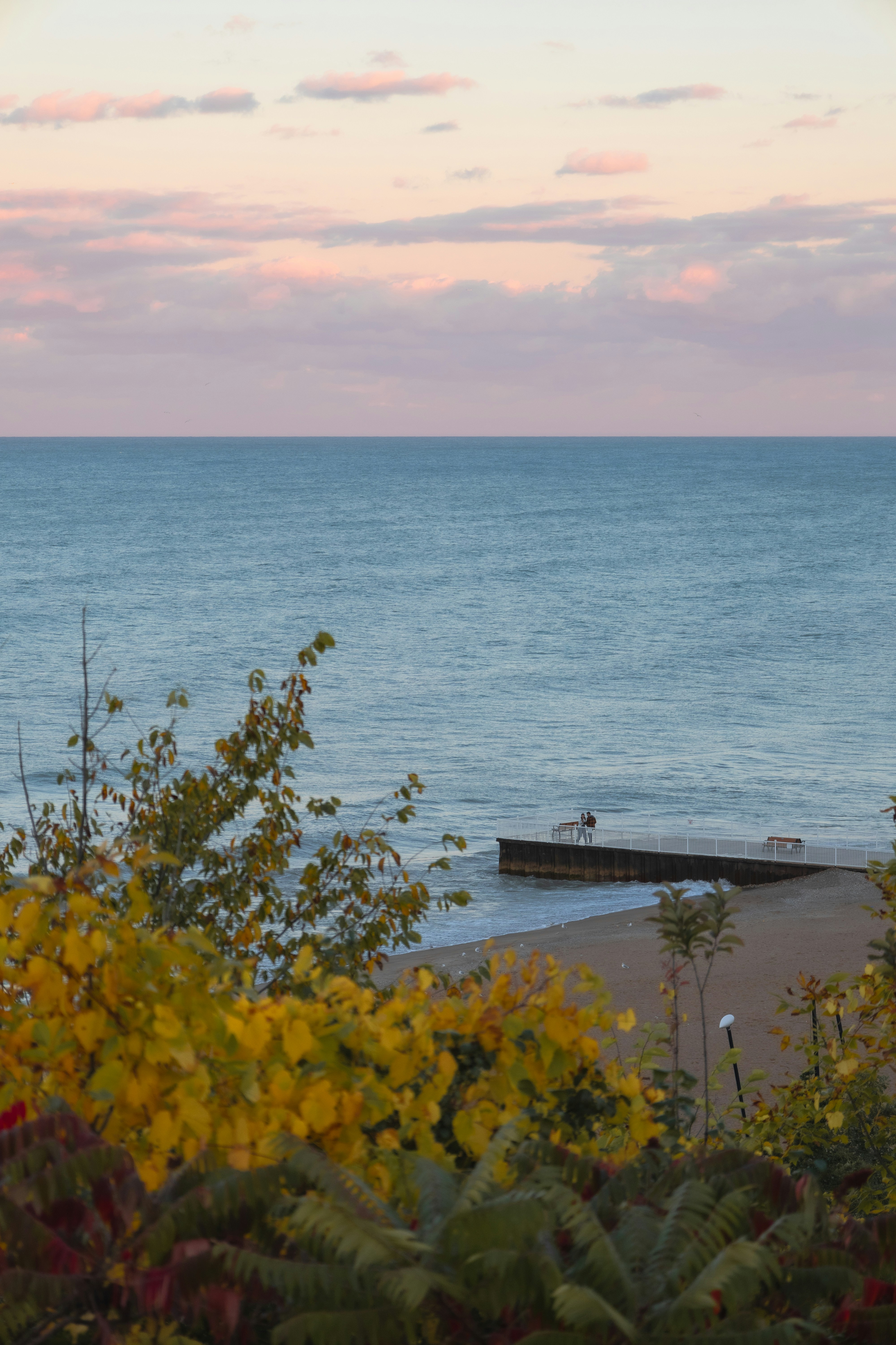 Horizon Quiet: Autumn Foliage Framing a Seaside Pier at Dusk