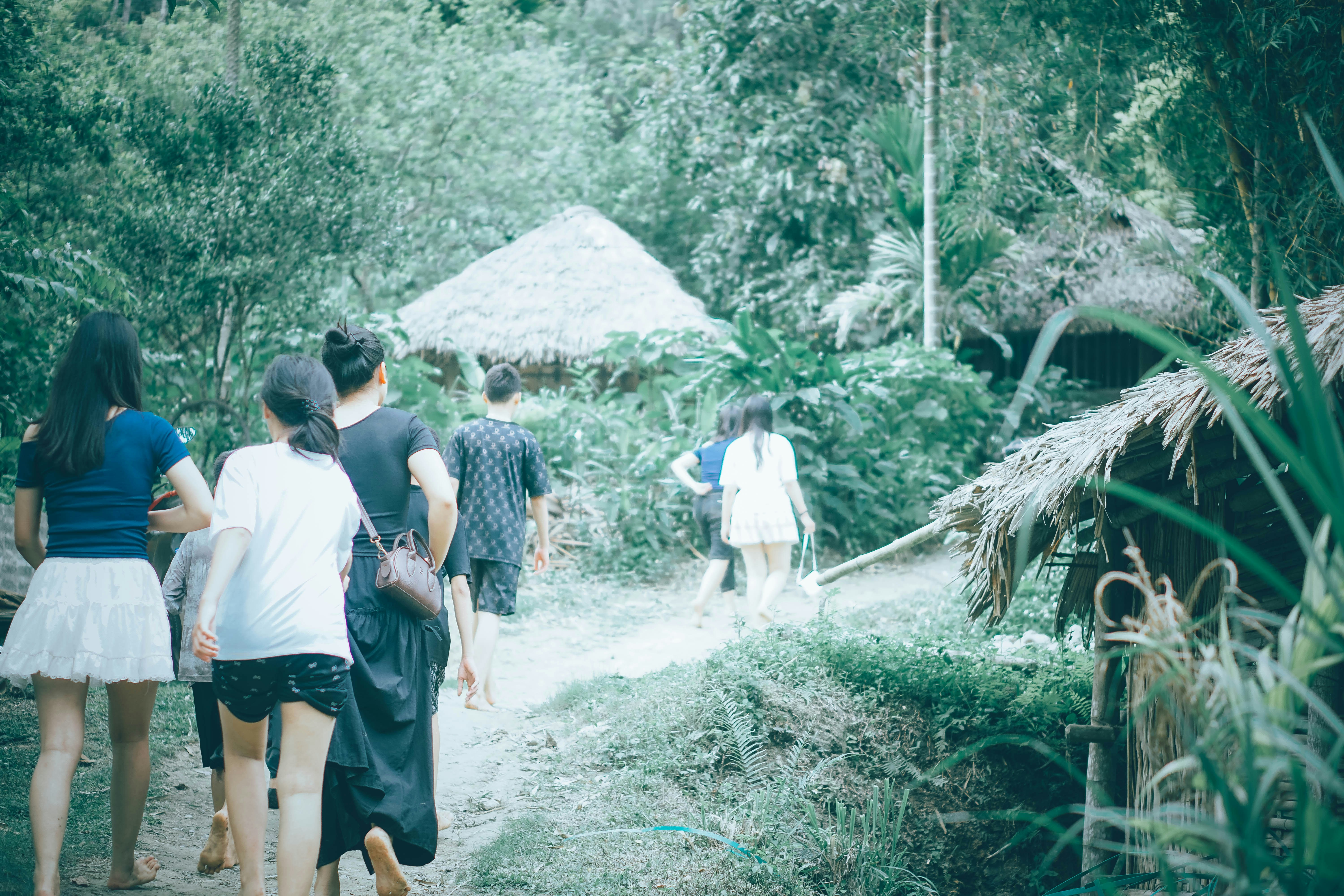 People walking on a path towards huts in a forest.
