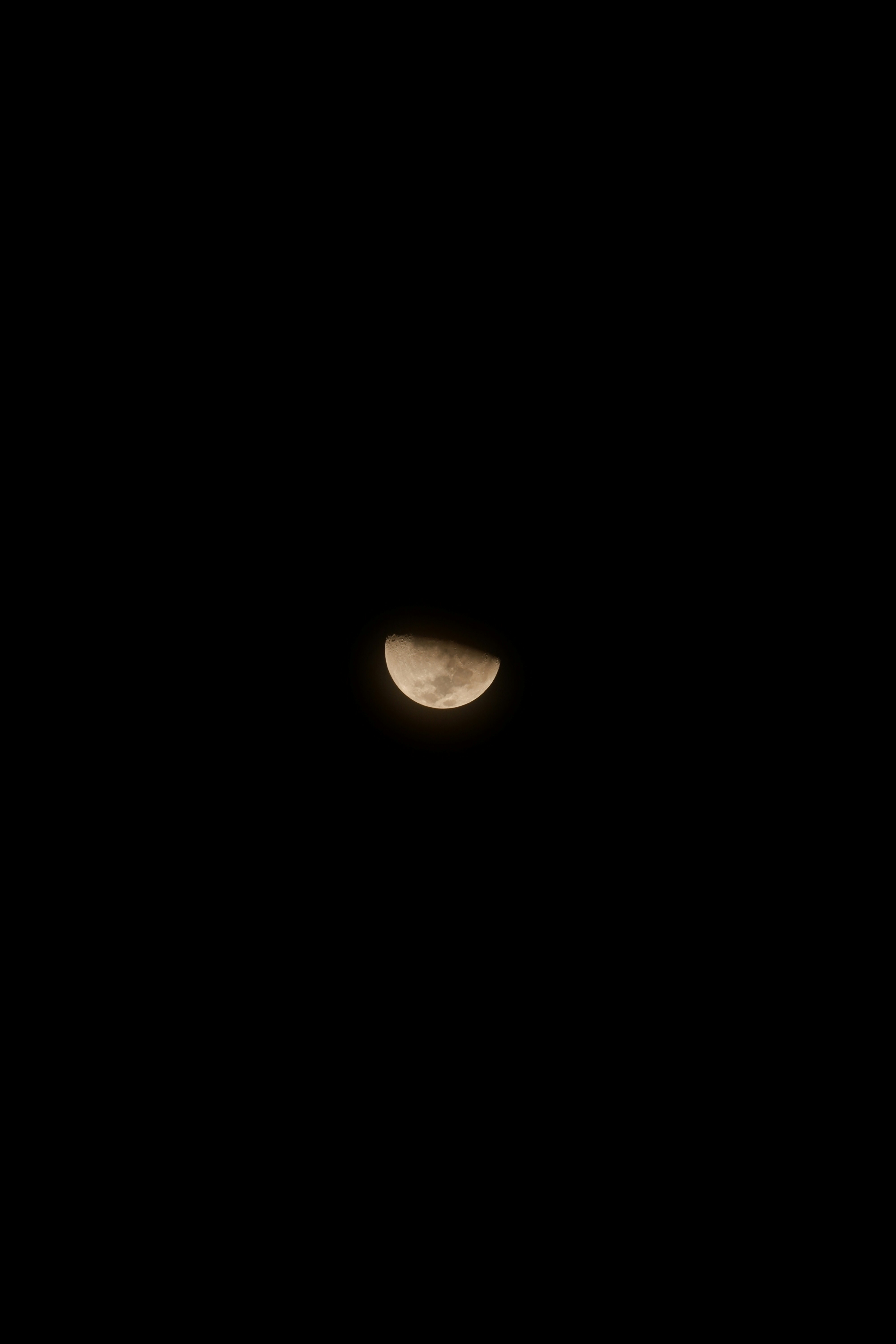 A half moon glowing softly in the vast darkness — calm, distant, and quietly captivating. | A half moon shines in the dark night sky.