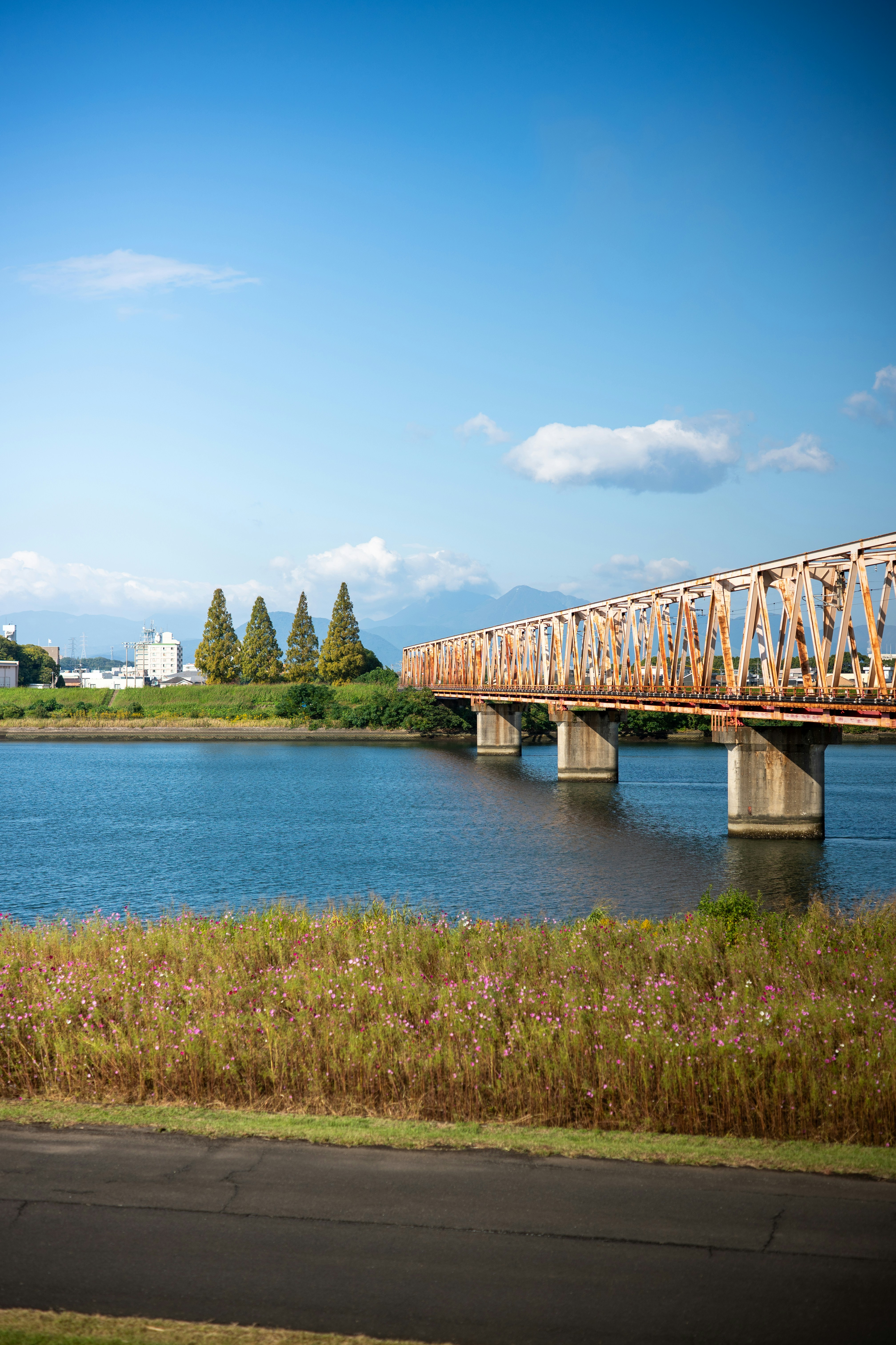 Rust-Tinted Truss Bridge Crossing a Calm Riverside under a Clear Sky